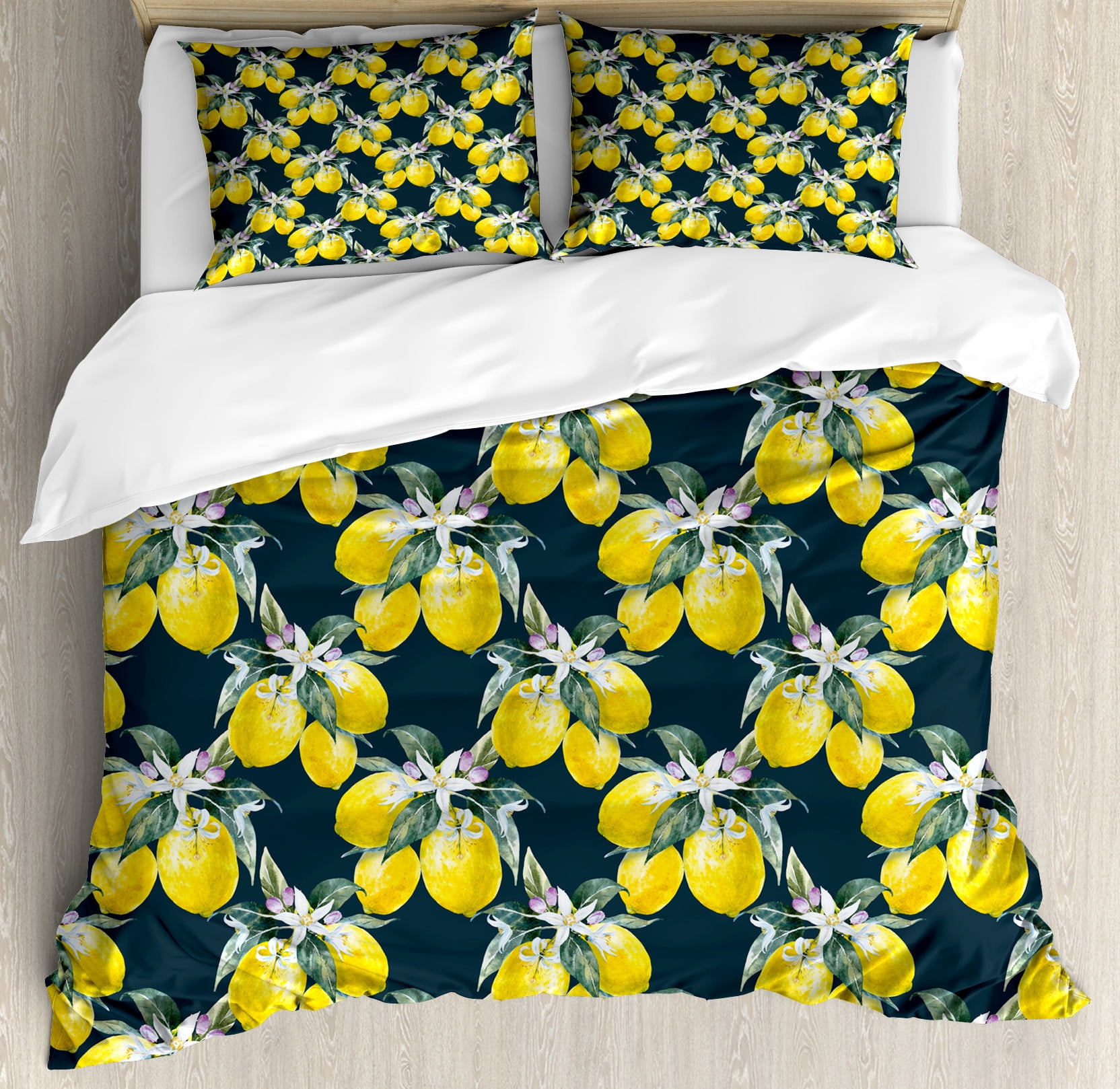 Floral Duvet Cover Set, Lemon Tree with Flowering Plant Blooms Botany ...