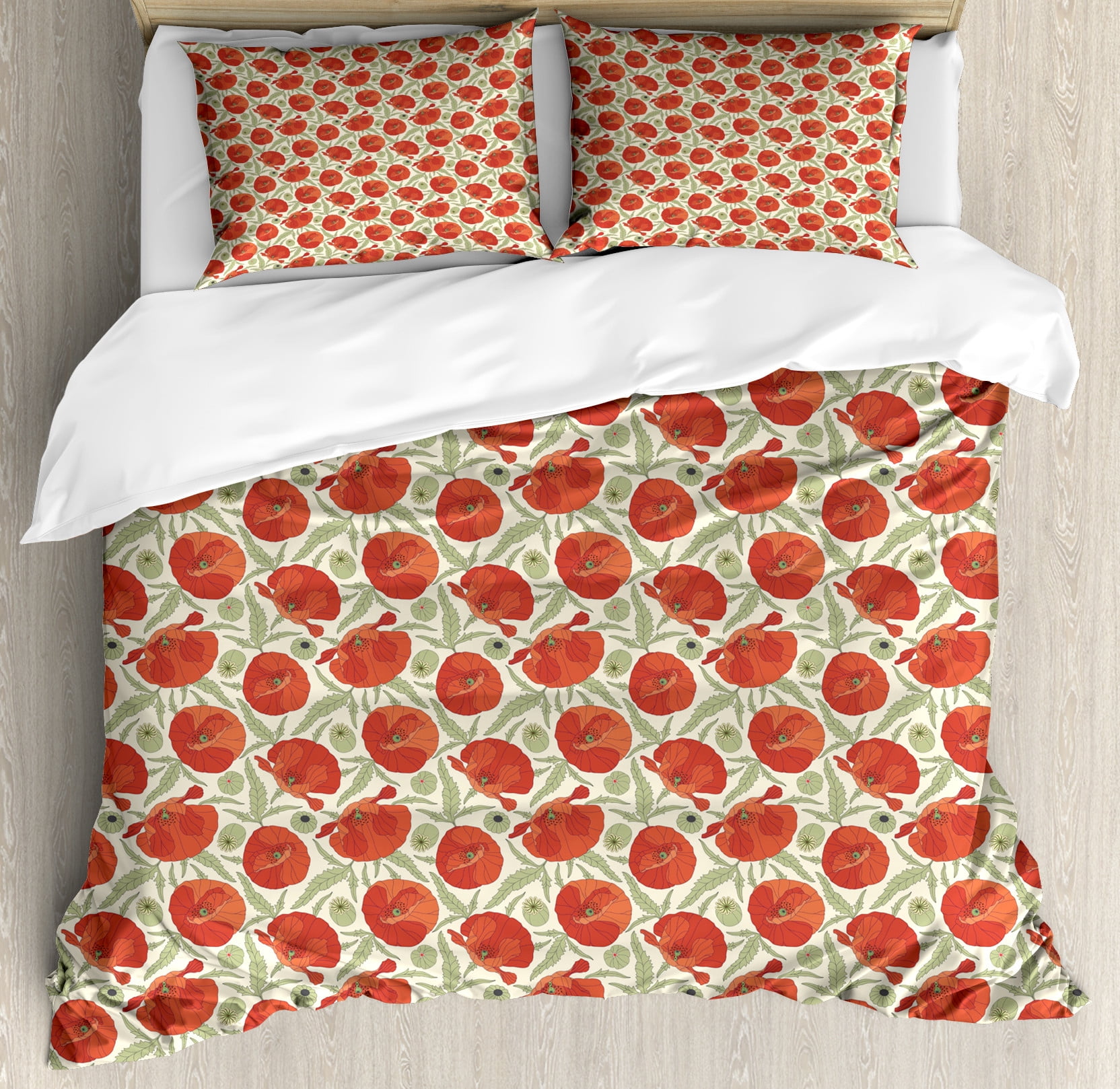 Floral Duvet Cover Set, Macro Scene Top View of Blooming Poppies with ...