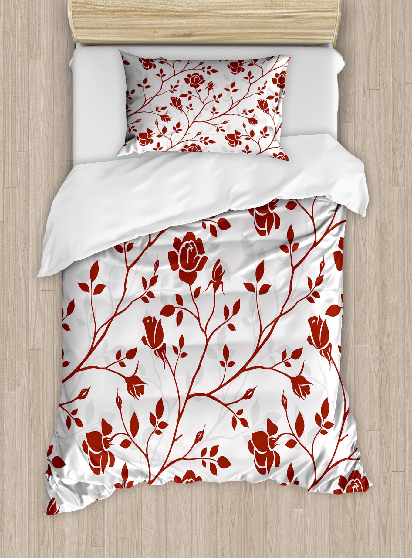 Floral Duvet Cover Set, Monochrome Floral Arrangement Roses Leaves ...