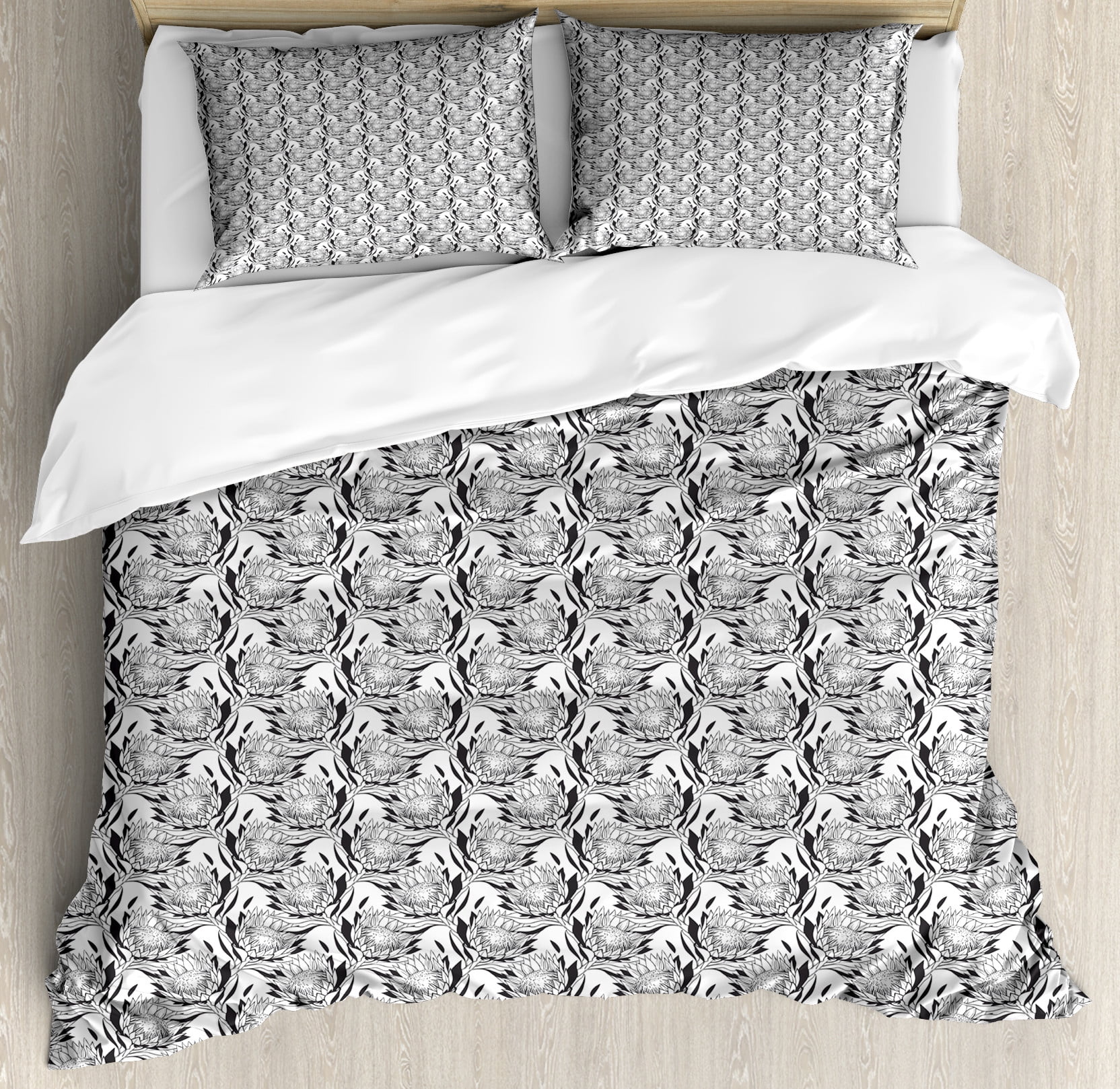 Floral Duvet Cover Set, Monochrome Style Layout of Protea Flower Motifs ...