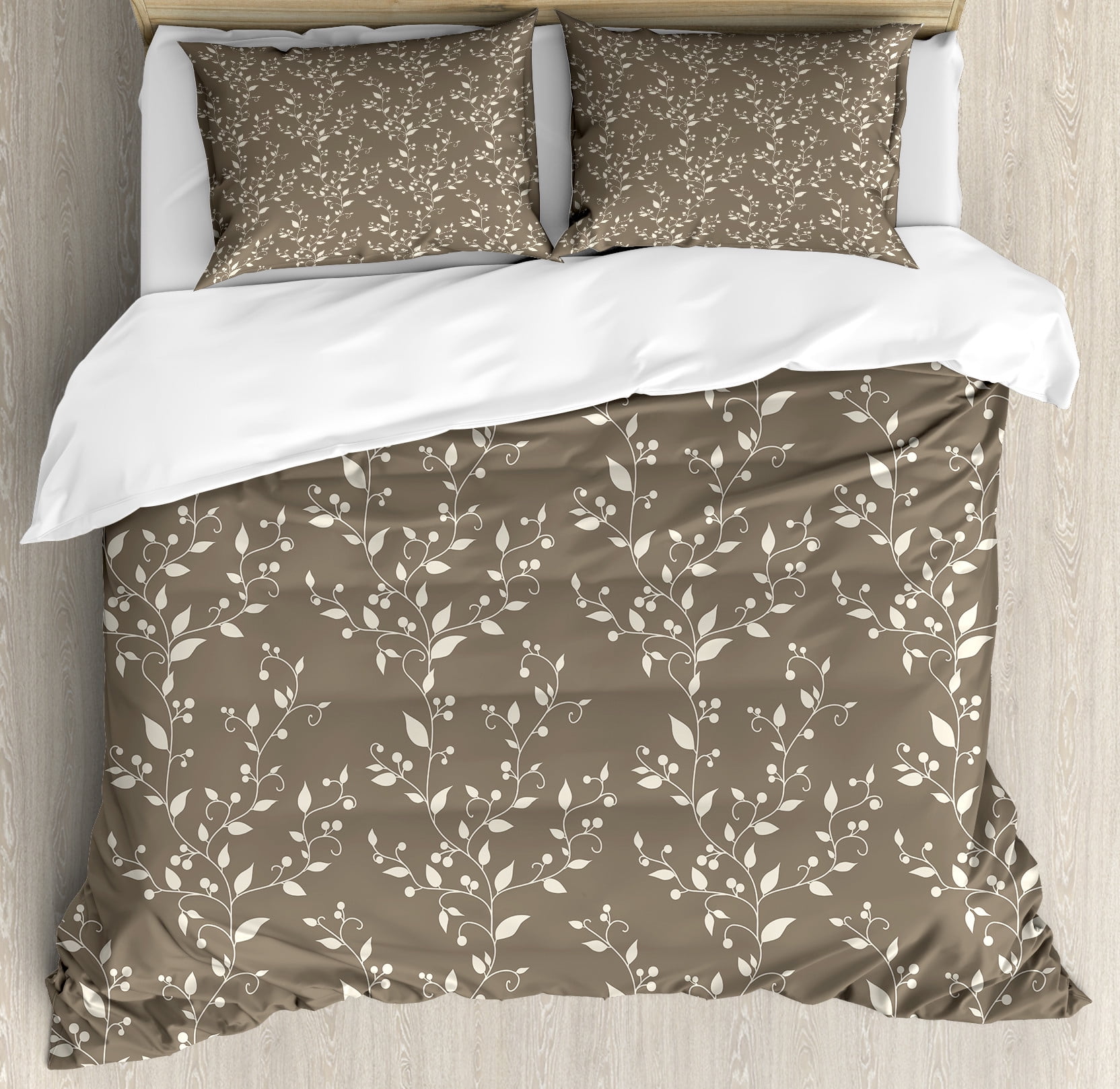 Floral Duvet Cover Set, Nature Inspirations Pattern Branches Leaves and Berries Silhouette ...