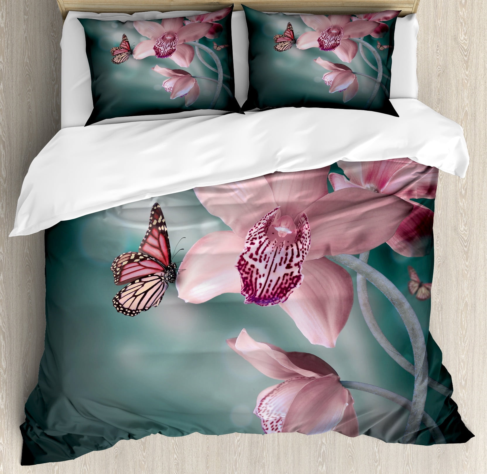 Floral Duvet Cover Set, Orchid Flower Butterfly Soft Fresh Spring Nature Theme Art Photo ...