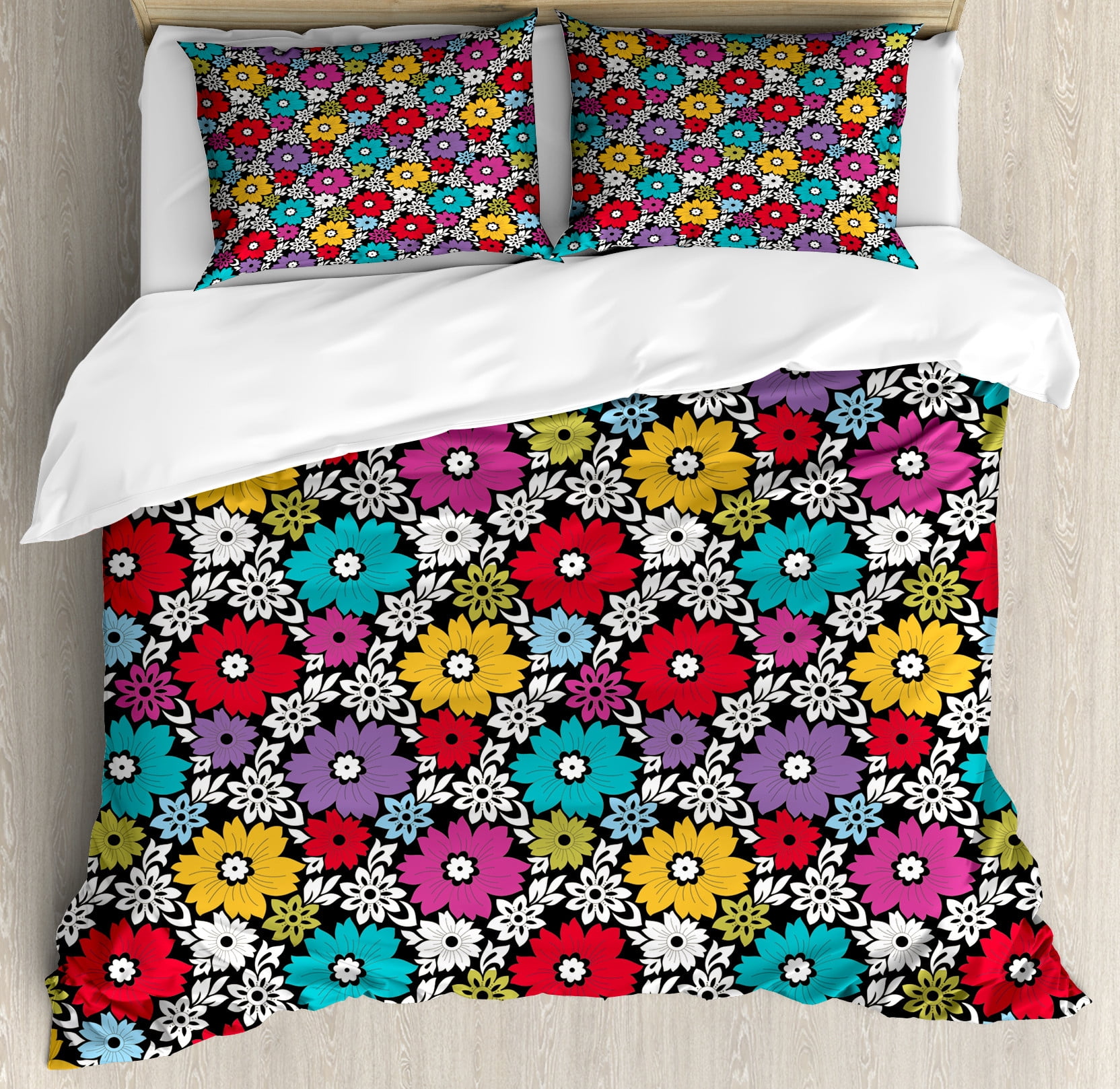 Floral Duvet Cover Set, Ornamental Colorful Flowers and White Colored ...