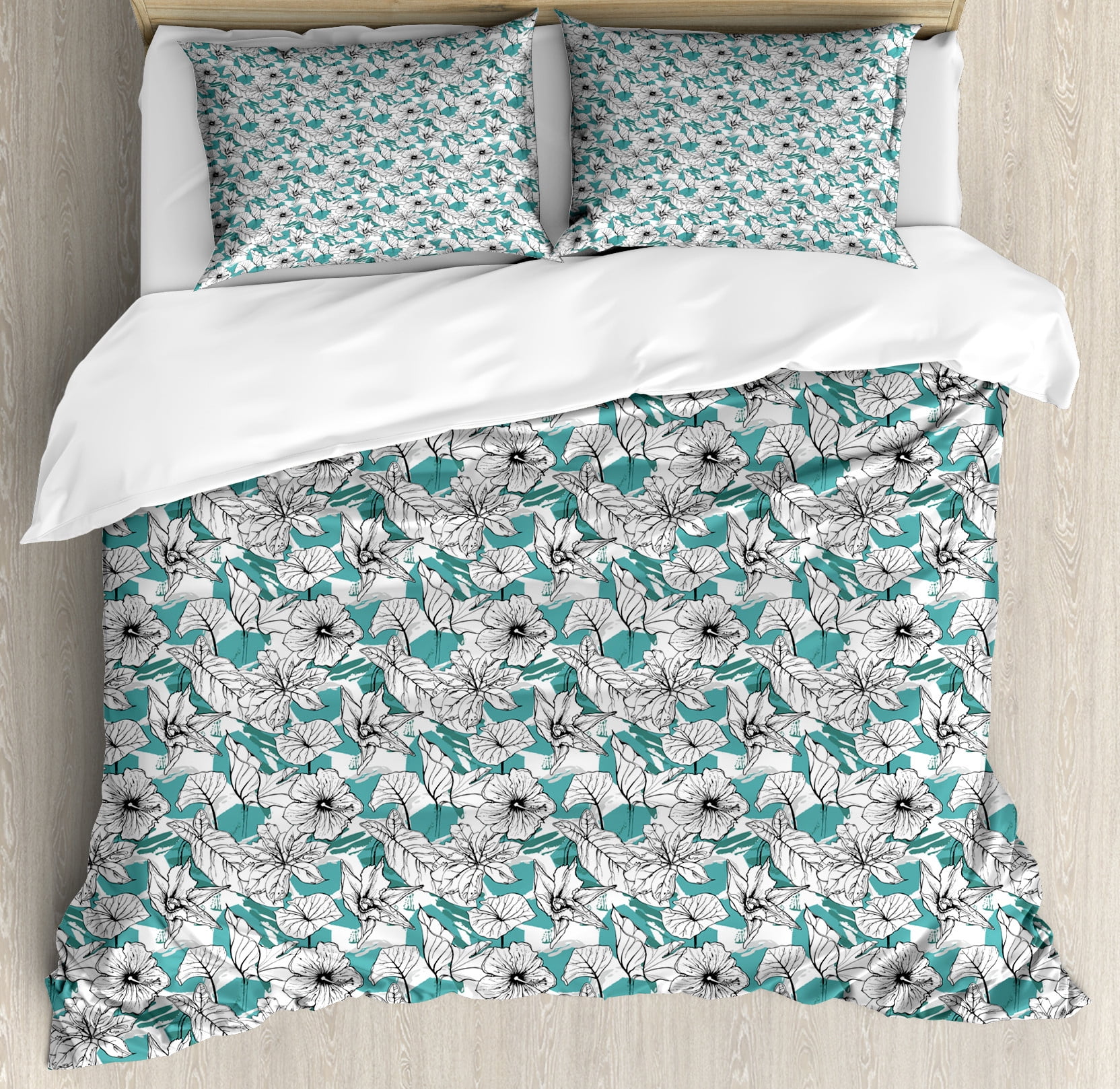 Floral Duvet Cover Set, Outline Drawings of Blooming Tropical Flower ...