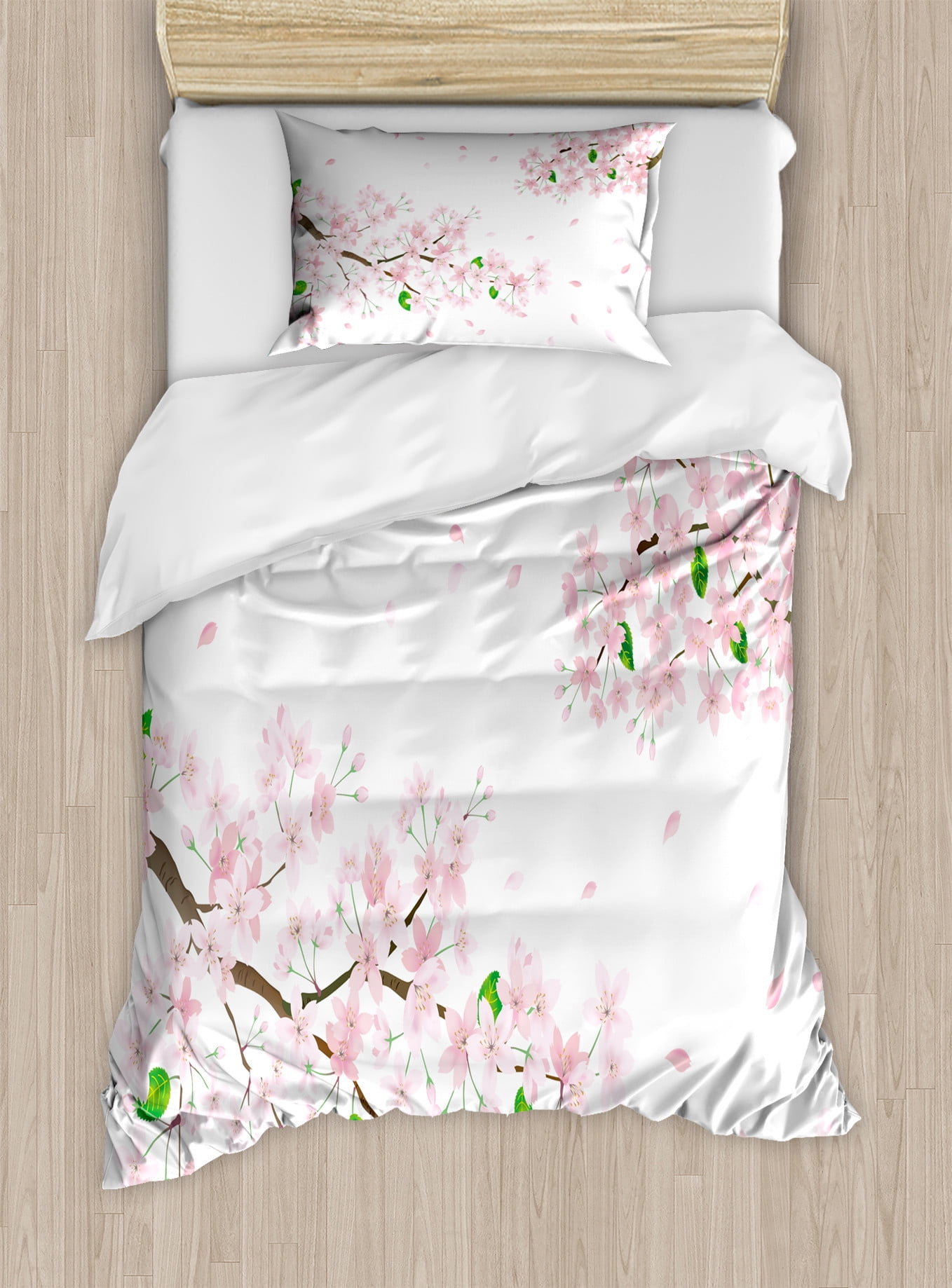 Floral Duvet Cover Set, Pastel Tone Sakura Flower Branches in Cherry ...