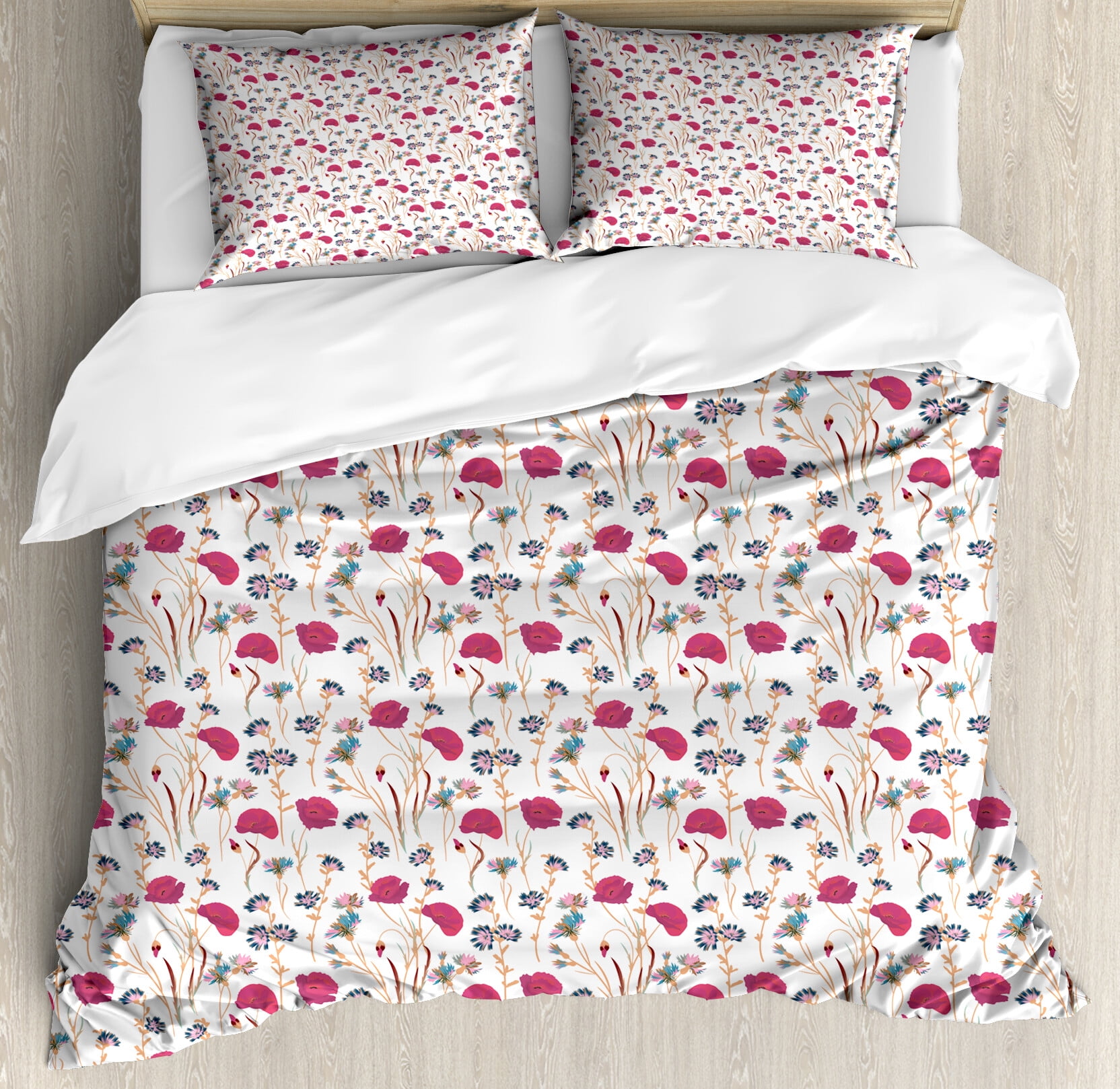 Floral Duvet Cover Set, Pastel Tones Wildflowers Illustration on Plain ...