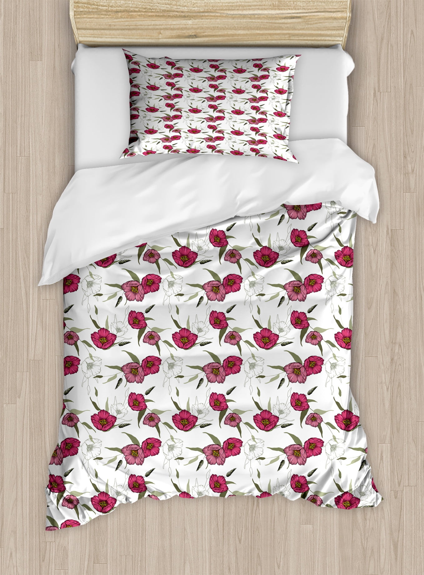 Floral Duvet Cover Set, Pink Gracious Poppy Pattern on Plain Background ...