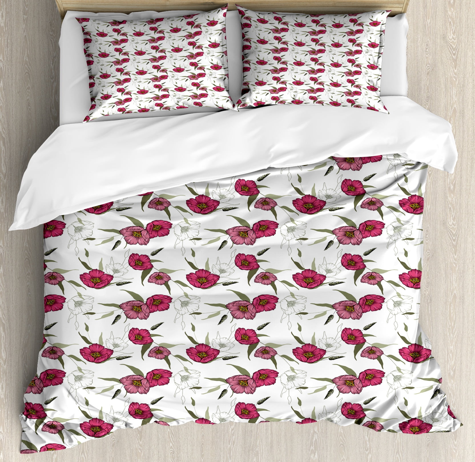 Floral Duvet Cover Set, Pink Gracious Poppy Pattern on Plain Background ...
