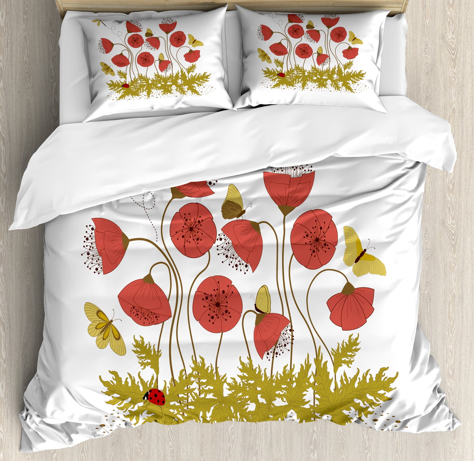 Floral Duvet Cover Set, Poppies Dragonflies Butterflies Ladybug ...