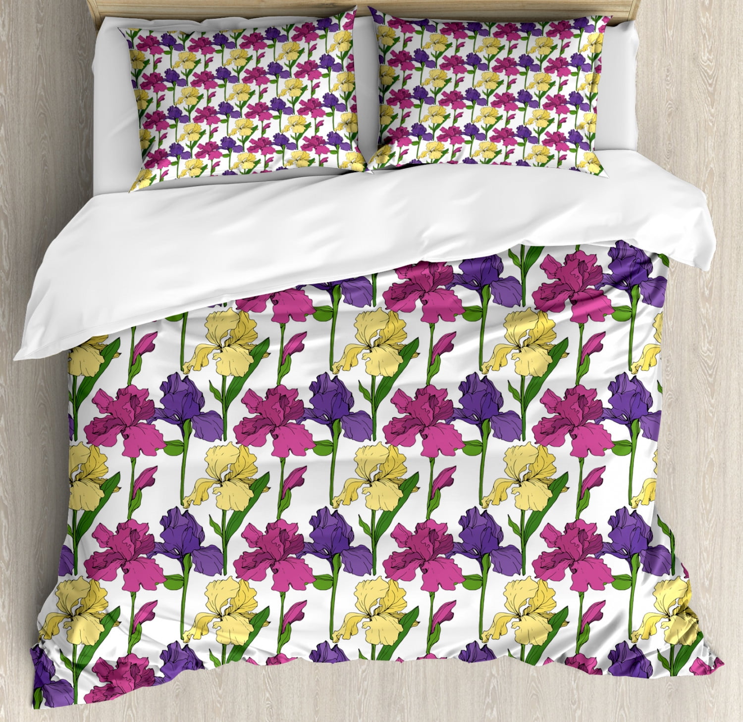 Floral Duvet Cover Set Queen Size, Continuous Iris Botanical Flowers ...