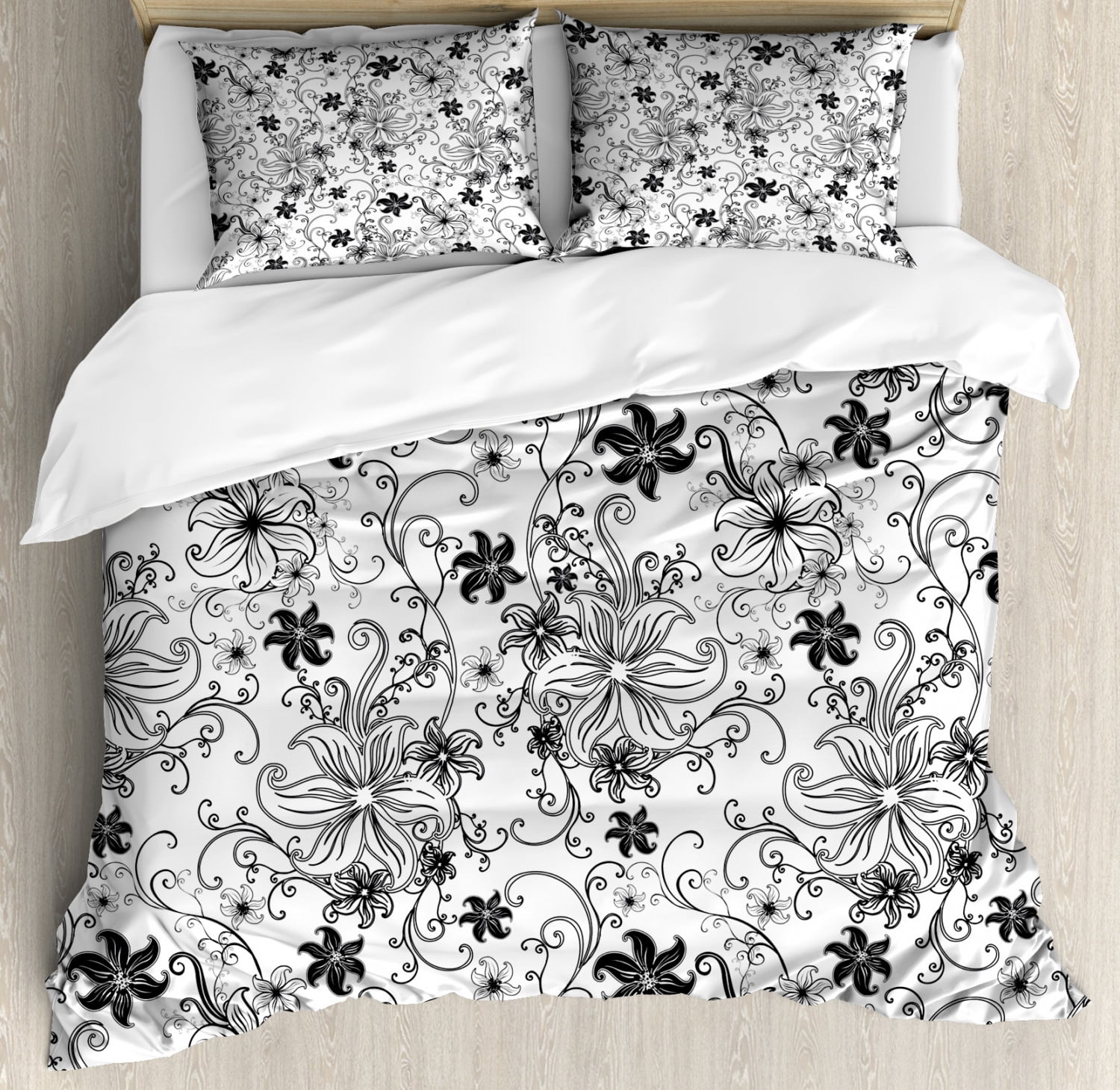 Floral Duvet Cover Set Queen Size, Flowers Leaves Twirled Swirls Buds ...