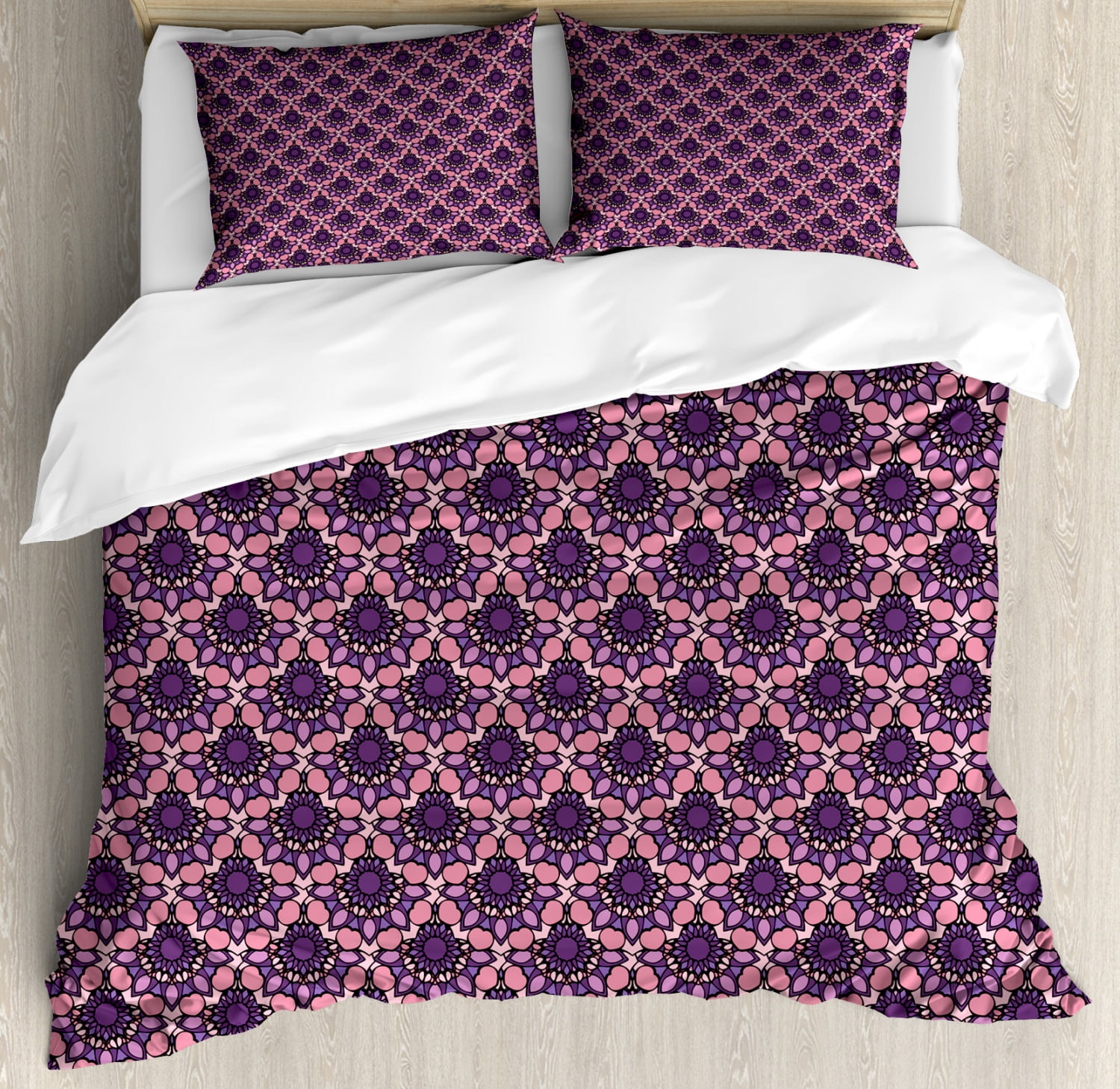 Floral Duvet Cover Set Queen Size, Vibrant Flower Petals with Mandala ...