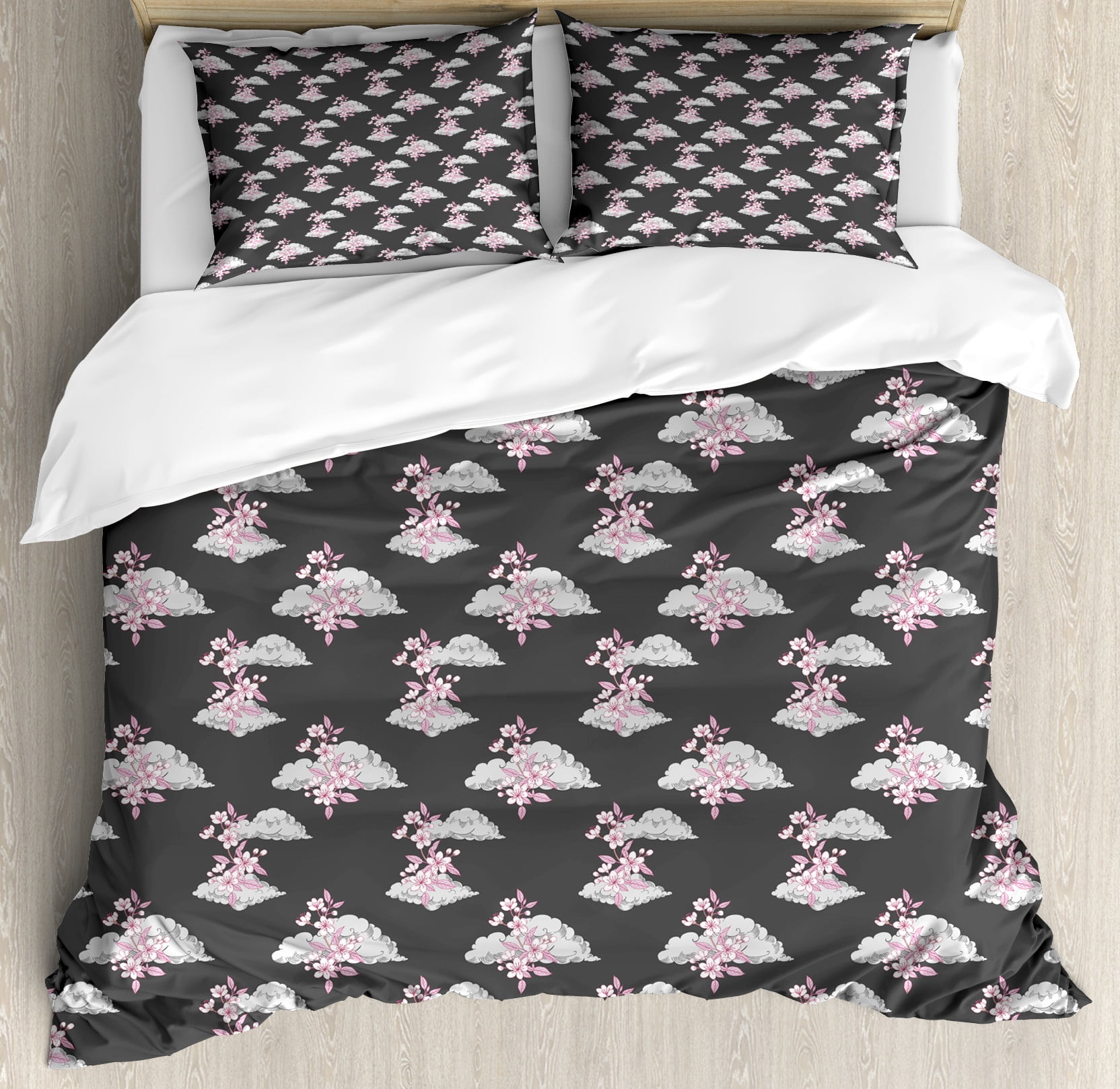 Floral Duvet Cover Set, Repetitive Japanese Sakura Blossom on Cloud ...