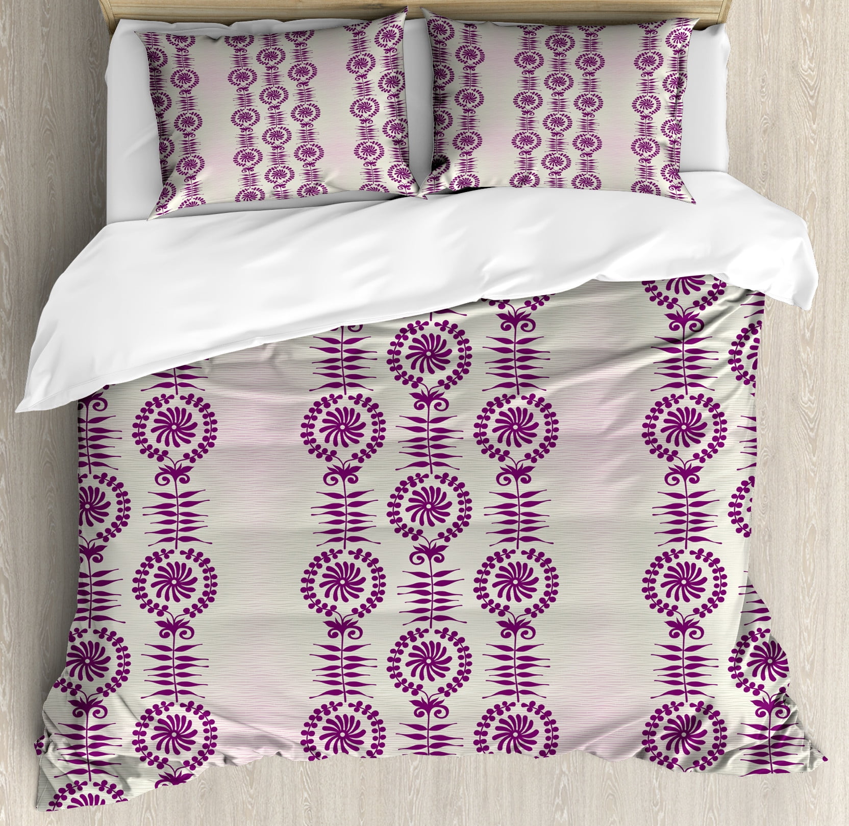 Floral Duvet Cover Set, Repetitive Vertical Aligned Floral Peduncles Leaves Corolla Delicate ...