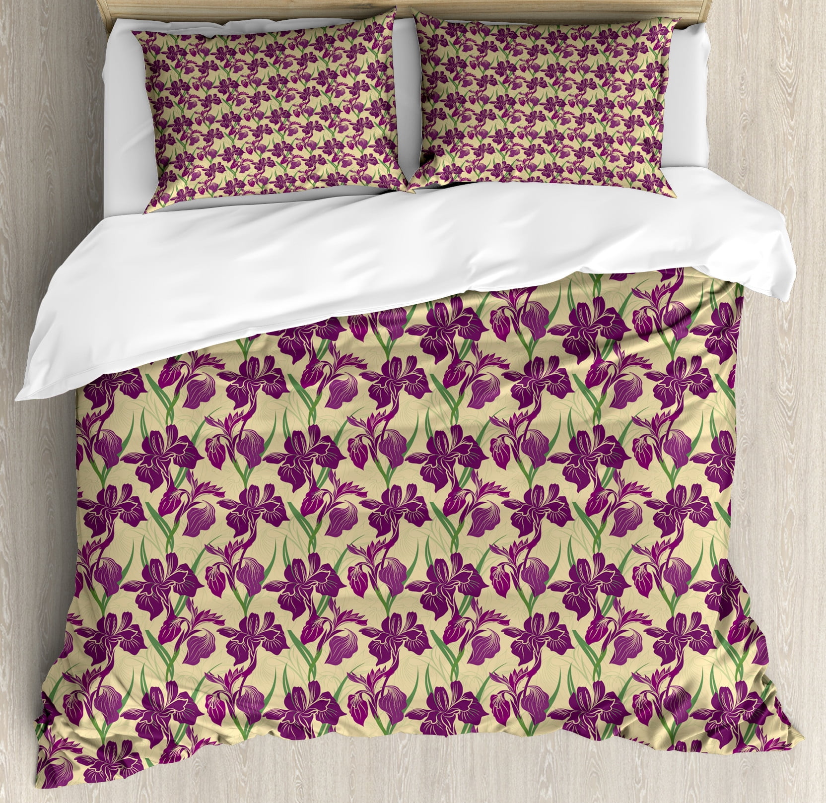 Floral Duvet Cover Set, Repetitive Violet Tones Iris Flower Nature Illustration, Decorative 3 ...