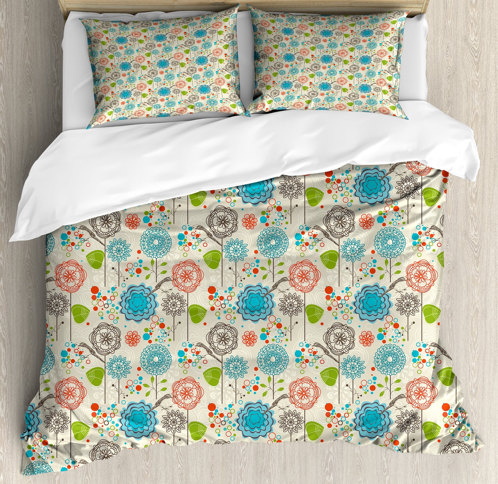 Floral Duvet Cover Set, Retro Doodle Flower Field Dandelions Daisy ...