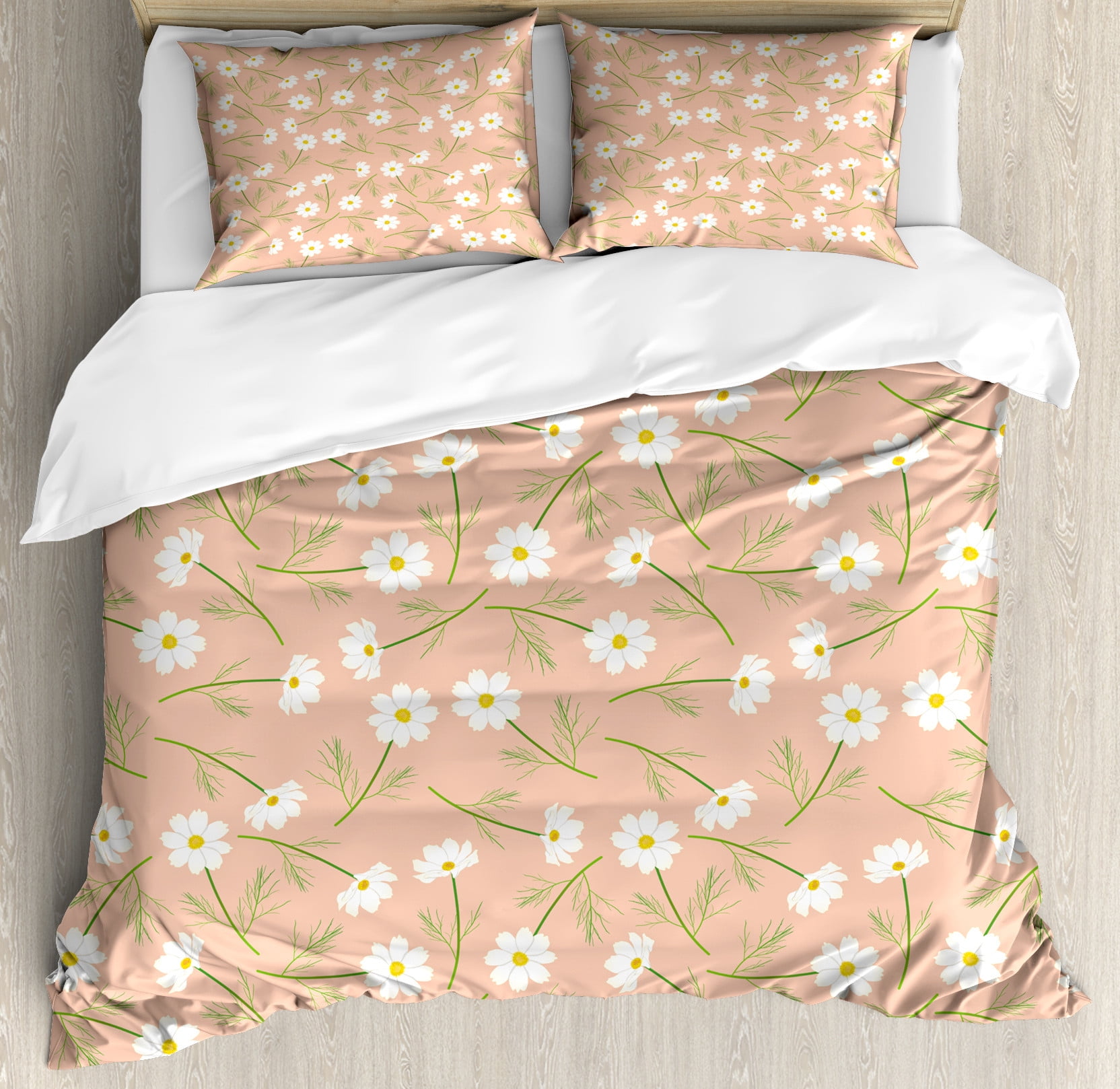 Floral Duvet Cover Set, Rhythmic Abstract White Cosmos Flower Pattern ...