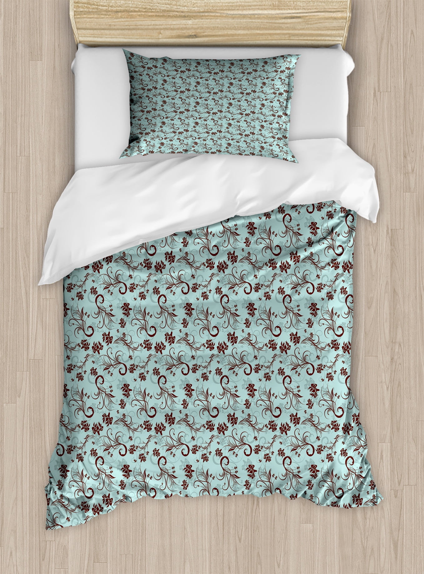 Floral Duvet Cover Set, Rhythmic Curlicue Flowers Leaves Classic Print ...