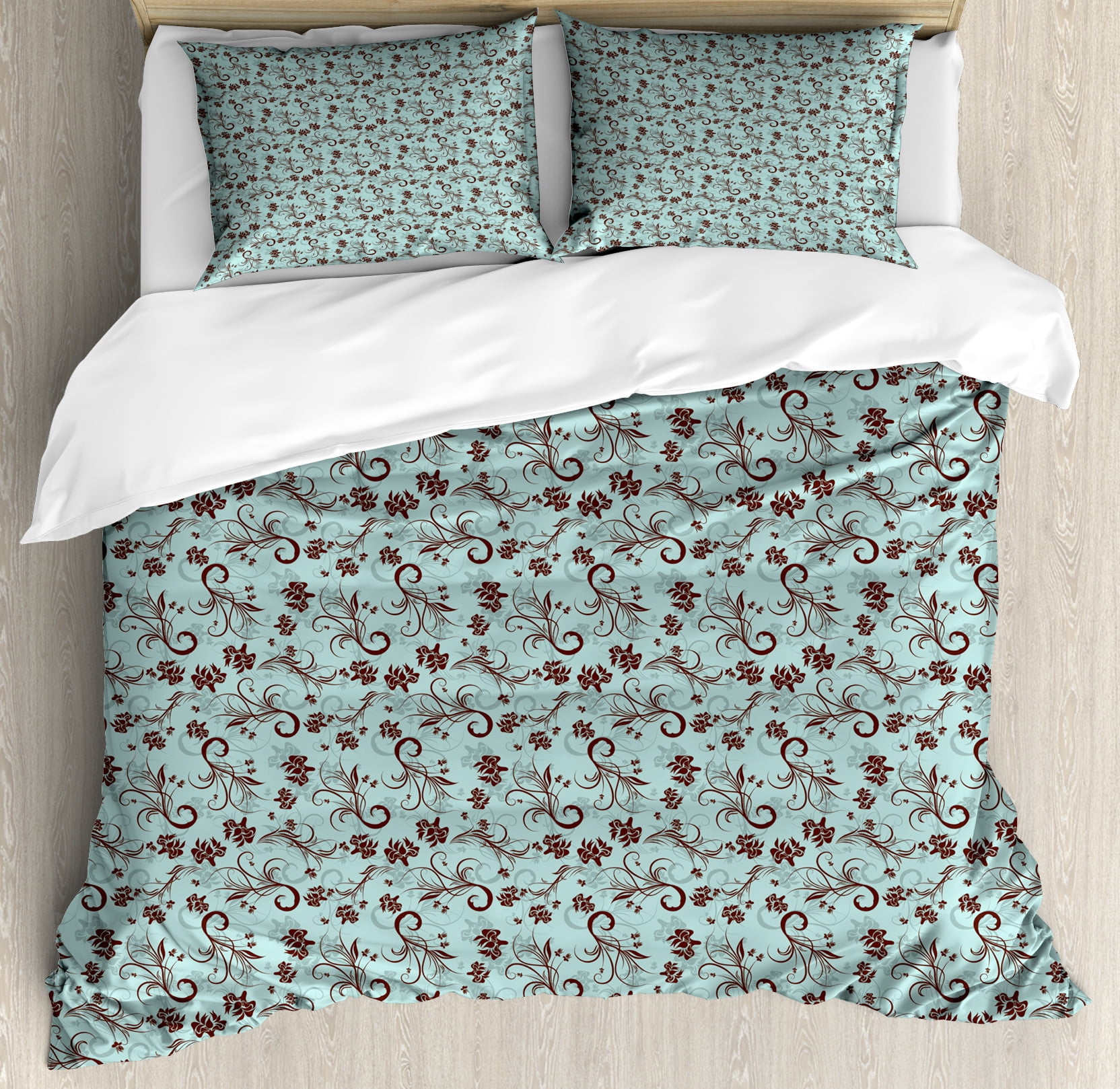 Floral Duvet Cover Set, Rhythmic Curlicue Flowers Leaves Classic Print ...
