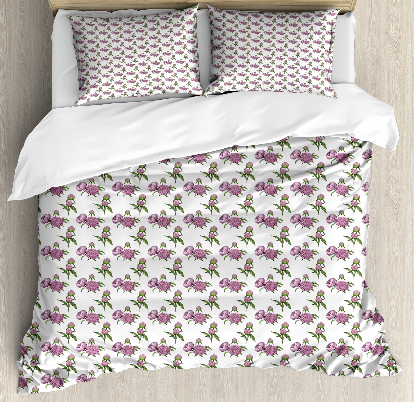 Floral Duvet Cover Set, Rhythmic Romantic Blooming Peony Buds on Plain ...