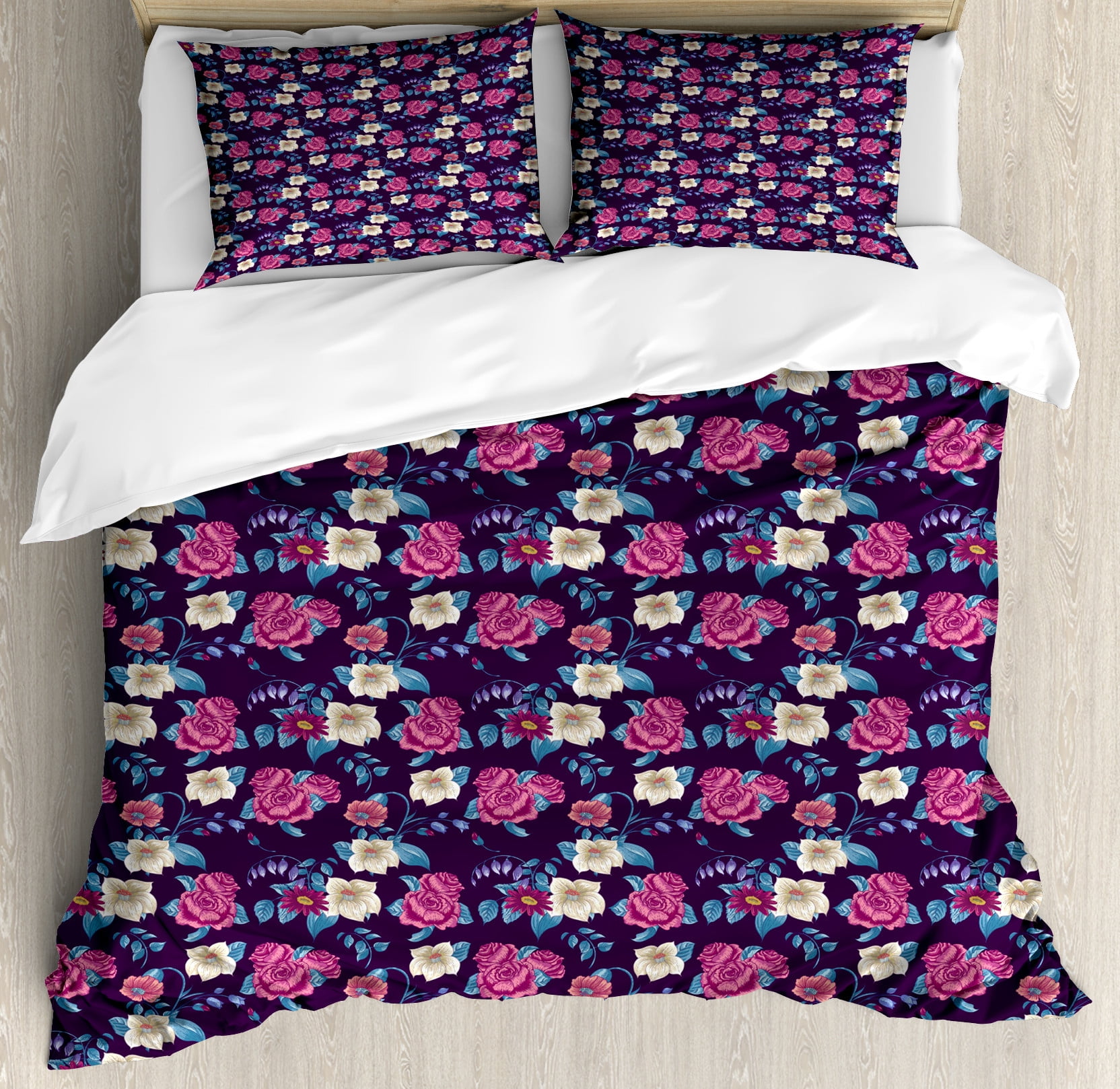 Floral Duvet Cover Set, Rhythmic Wildflower Pointed Petals Roses Blue ...