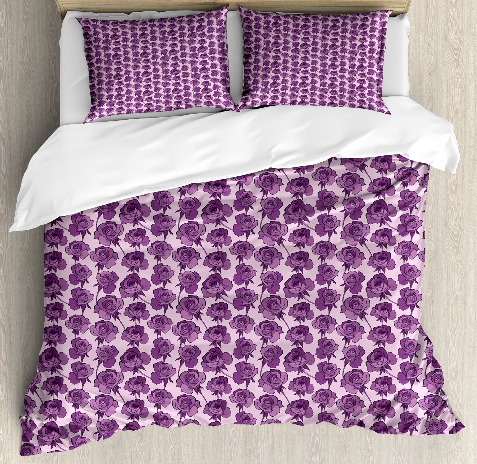 Floral Duvet Cover Set, Romantic Roses Continuous Violet Lilac Tones ...