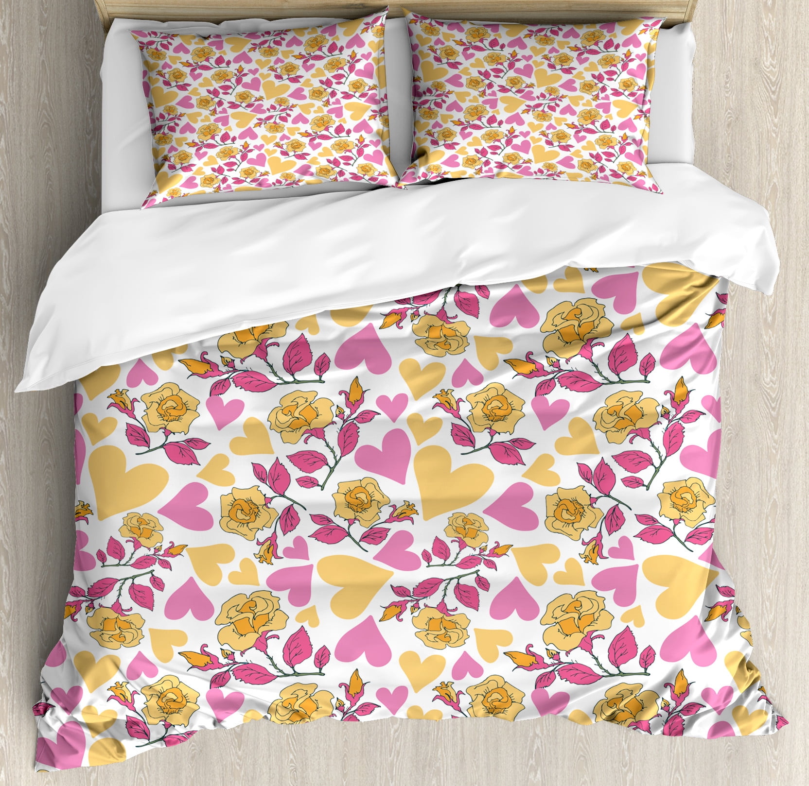 Floral Duvet Cover Set, Romantic Style Bicolor Hearts and Blooming ...