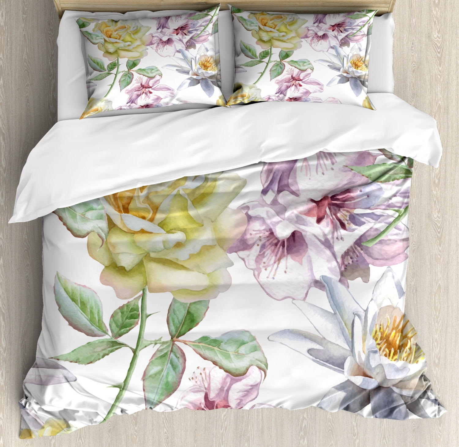 Floral Duvet Cover Set, Rose Petals Sakura Lily Flowers Blooms Romance ...