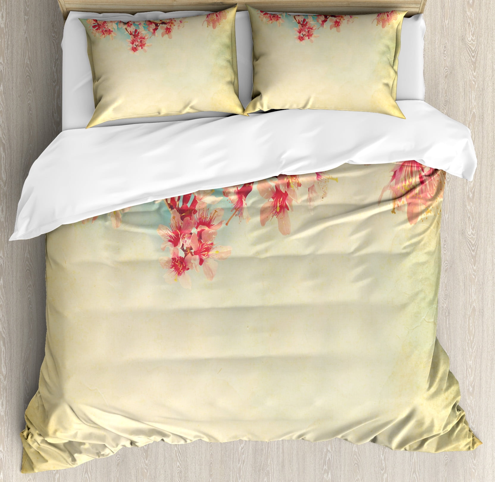 Floral Duvet Cover Set, Spring Sakura Flower on Sun Sky Vintage Color ...