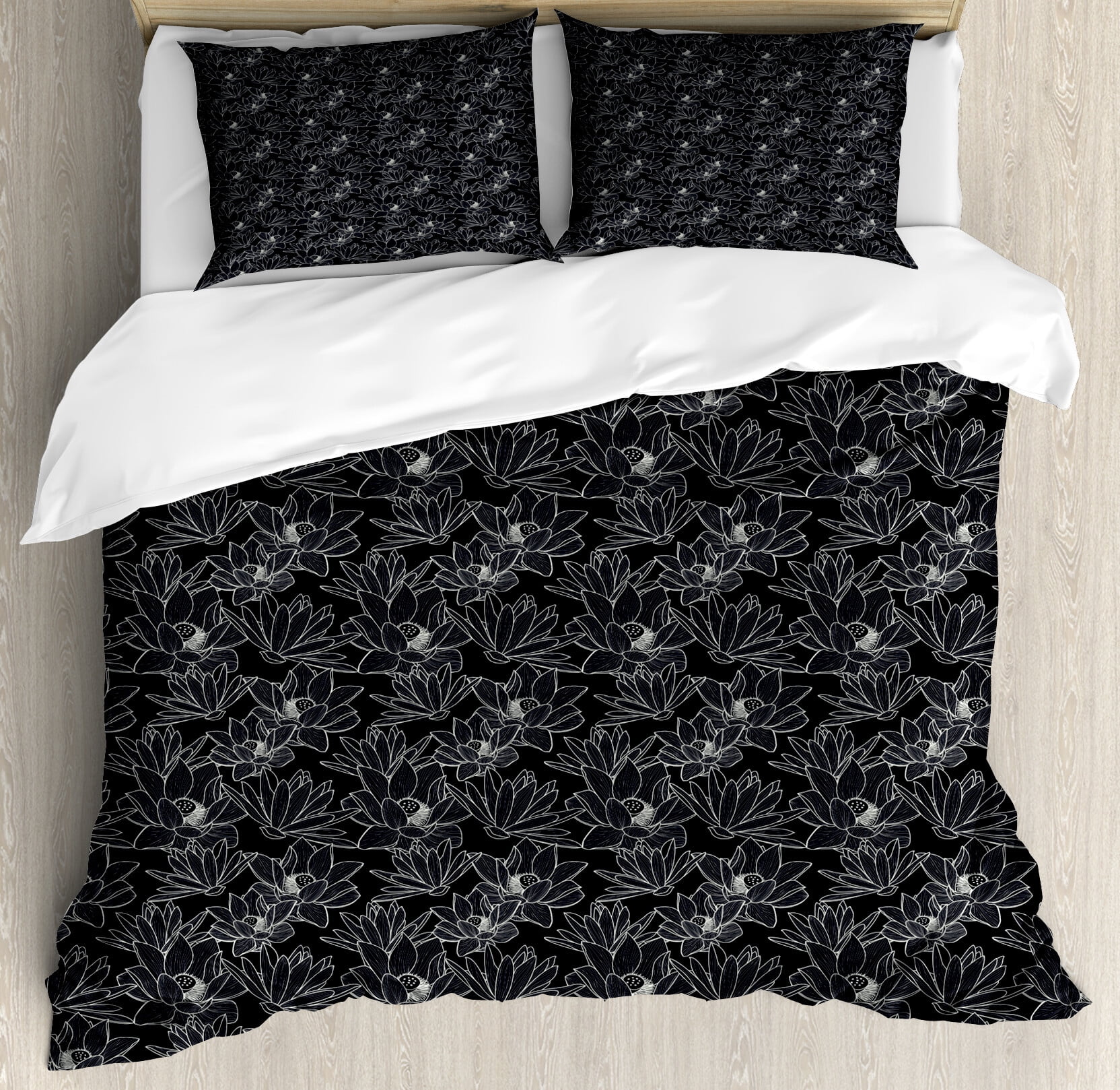 Floral Duvet Cover Set, Thin Outline Sketch of Lotus Flower Hand Drawn ...
