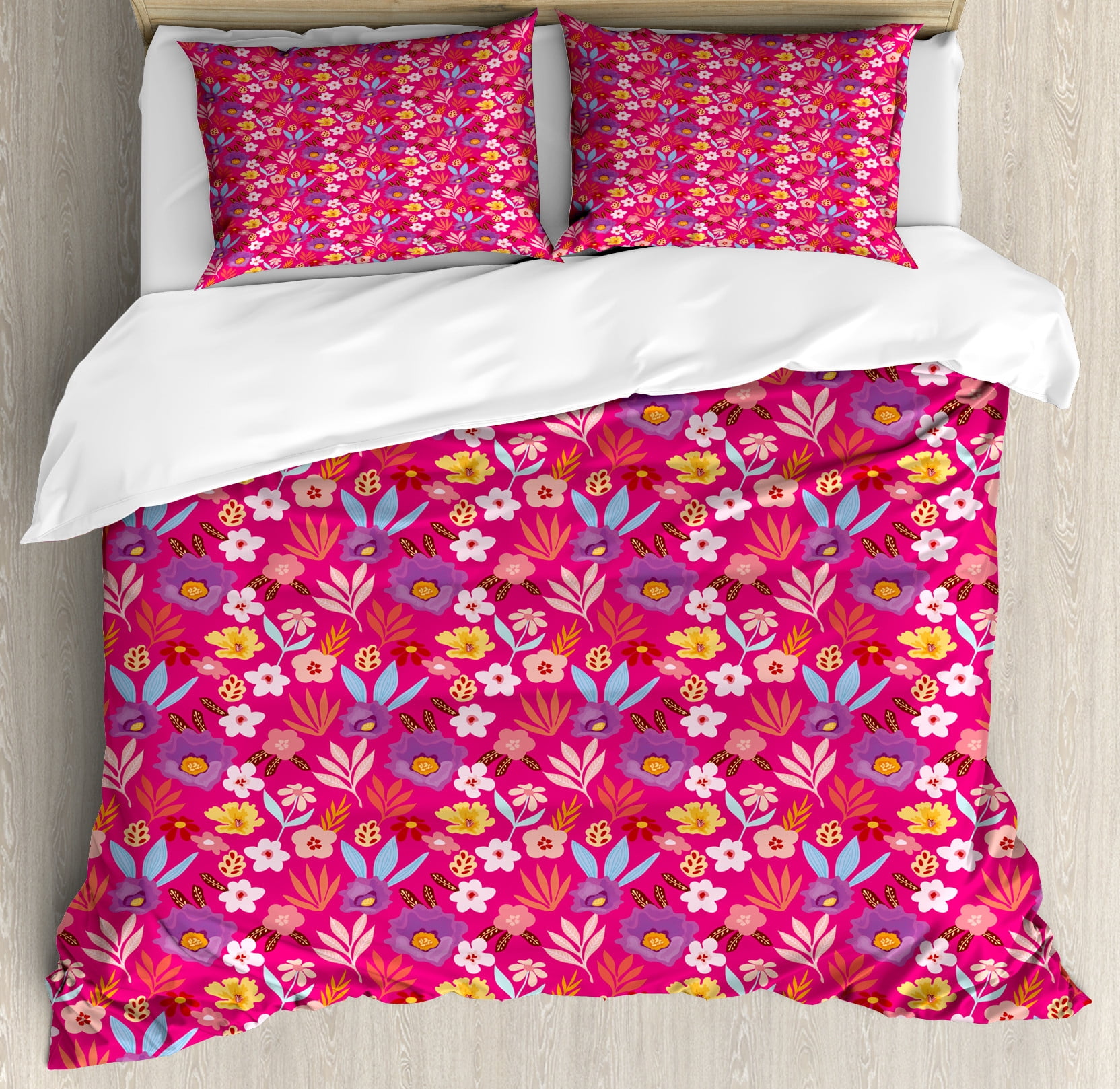 Floral Duvet Cover Set, Tropical Illustration of Vibrant Flowers Palm ...