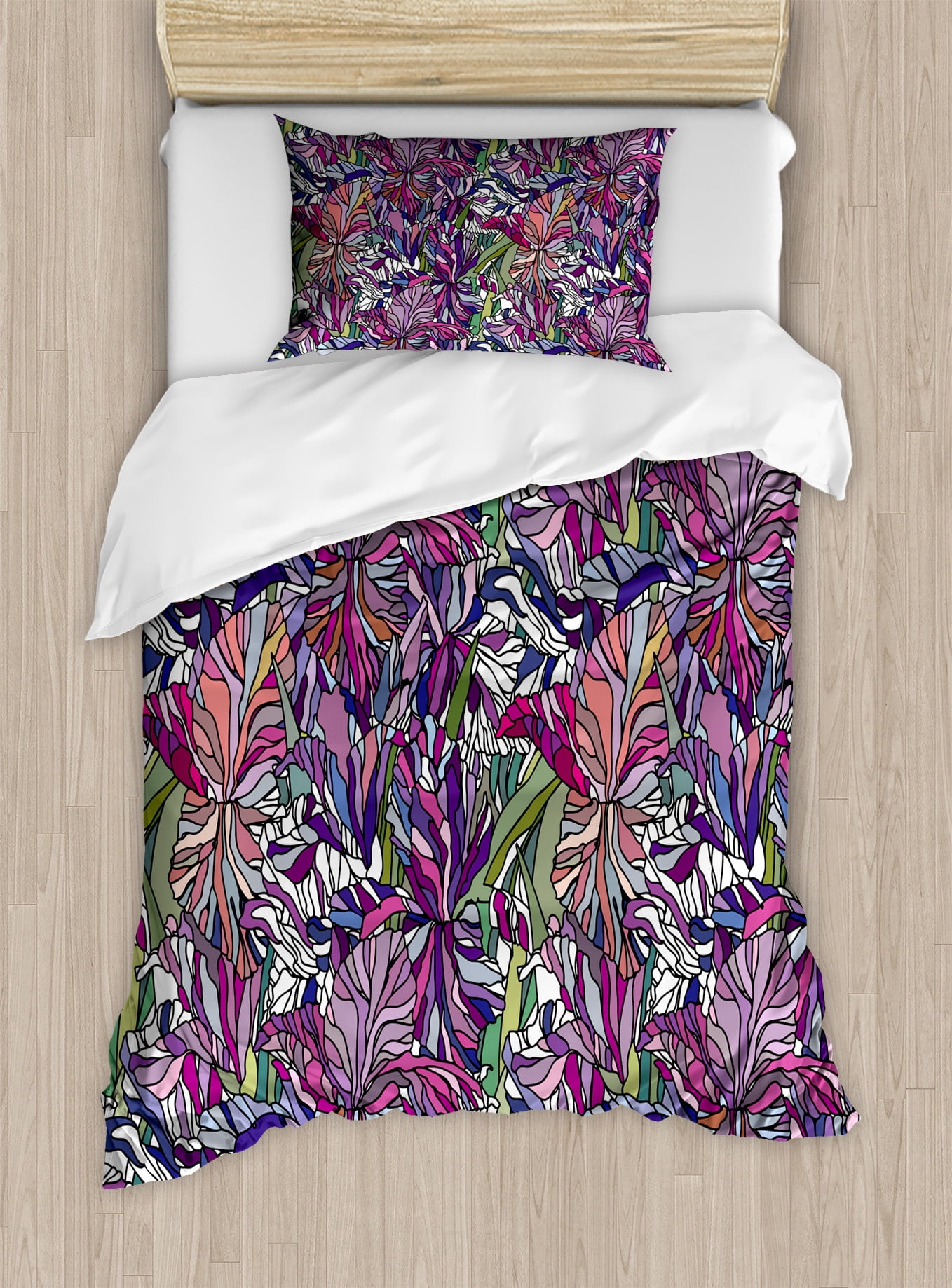 Floral Duvet Cover Set, Tropical Jungle Rainforest Abstraction Narcissus Iris Vintage Style ...