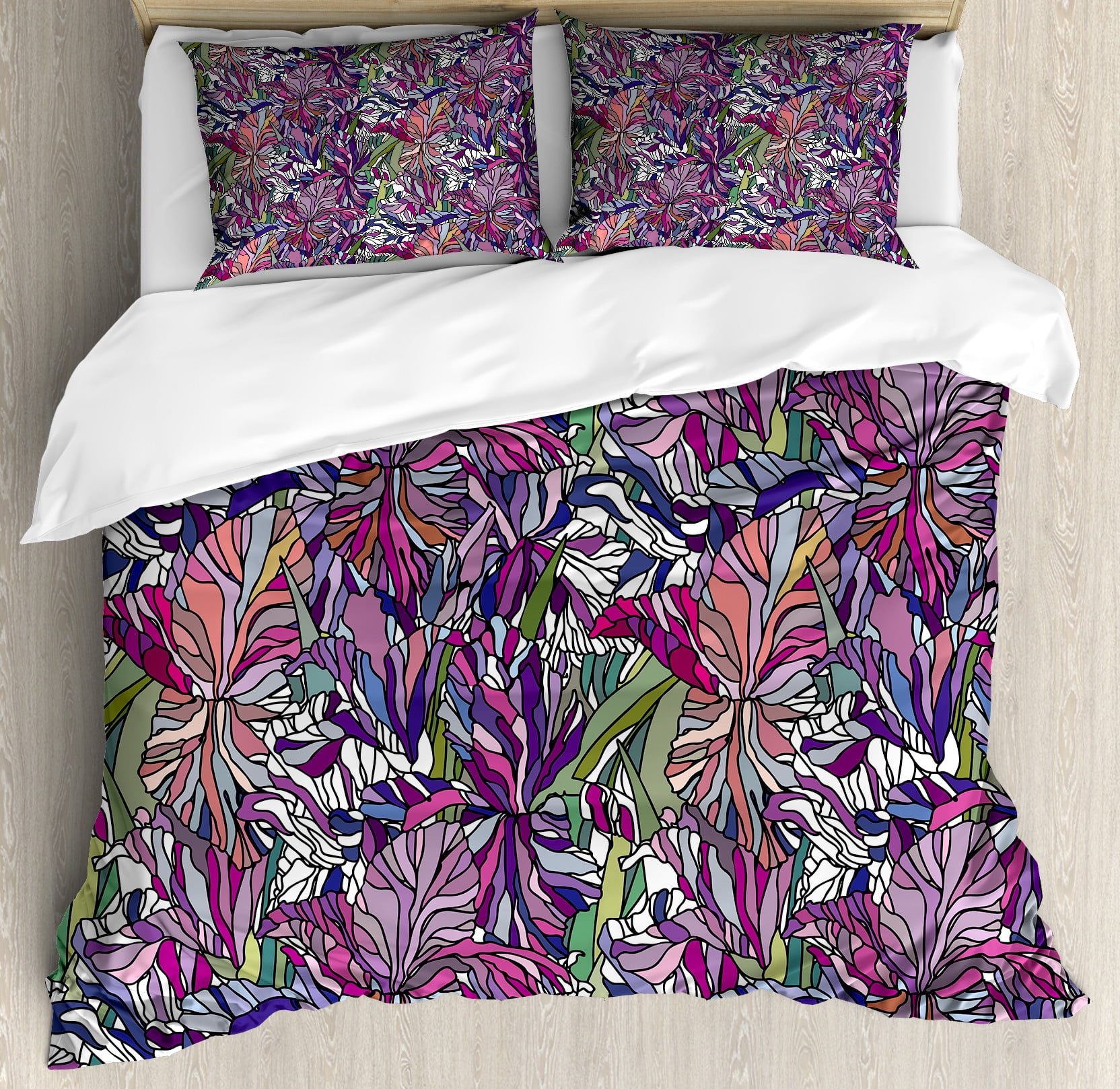 Floral Duvet Cover Set, Tropical Jungle Rainforest Abstraction Narcissus Iris Vintage Style ...