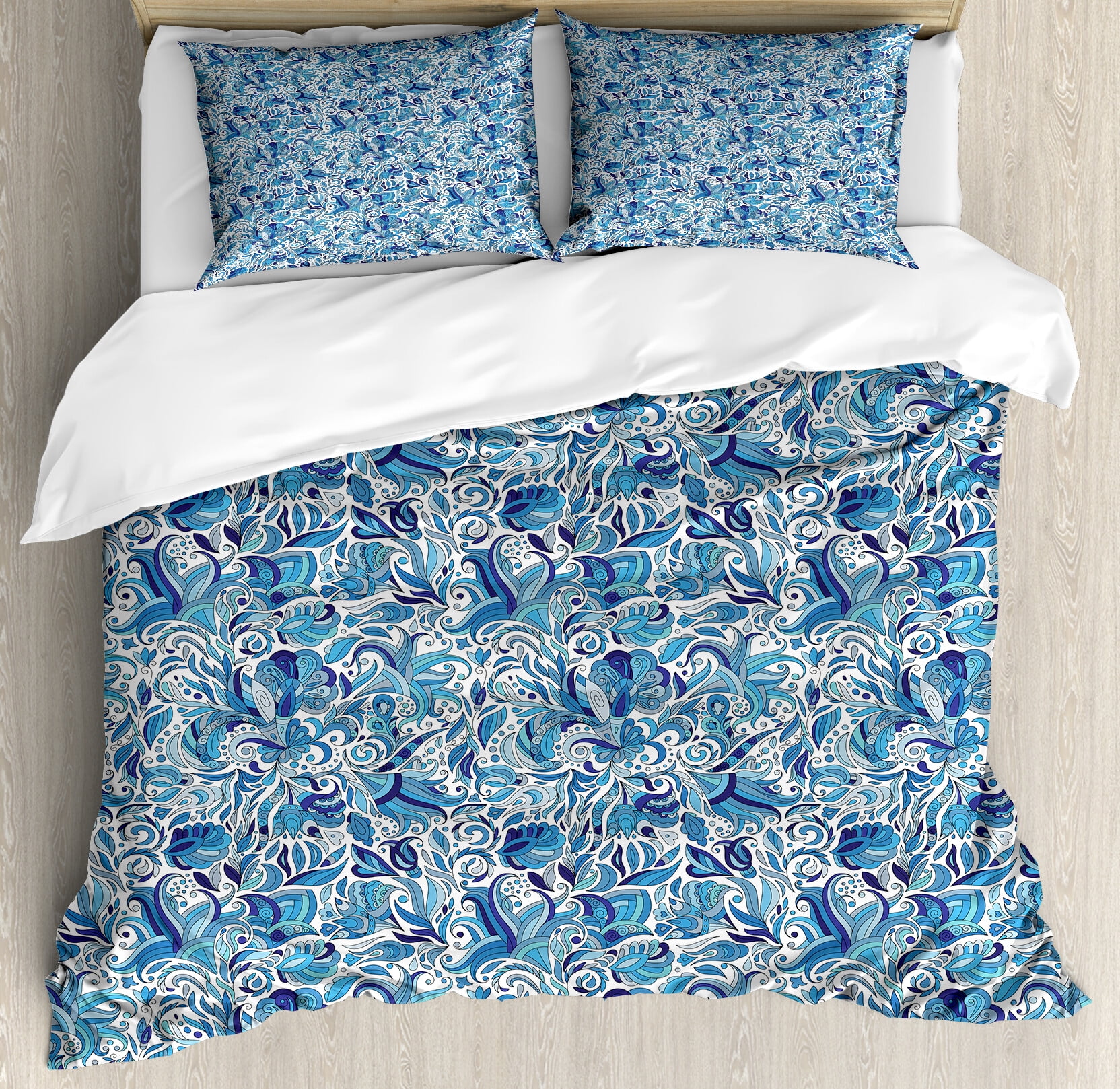 Floral Duvet Cover Set, Turkish Ceramic Art Swirled Nature Leaves ...