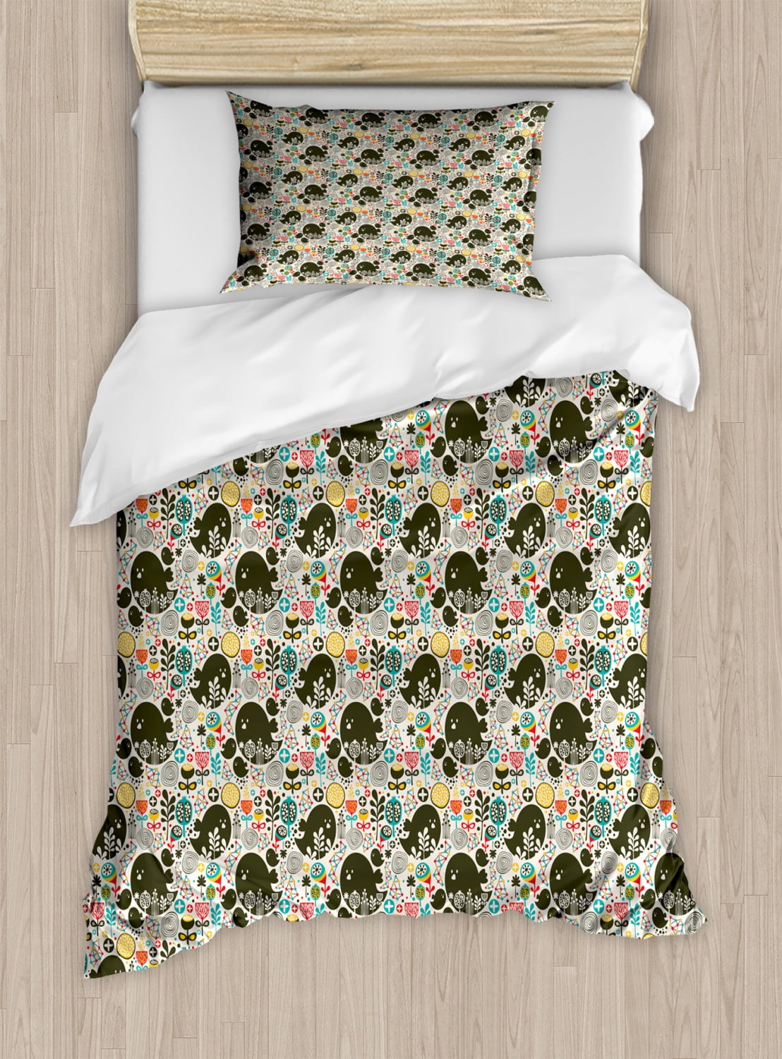 Floral Duvet Cover Set Twin Size, Pattern with Funny Chubby Birds ...