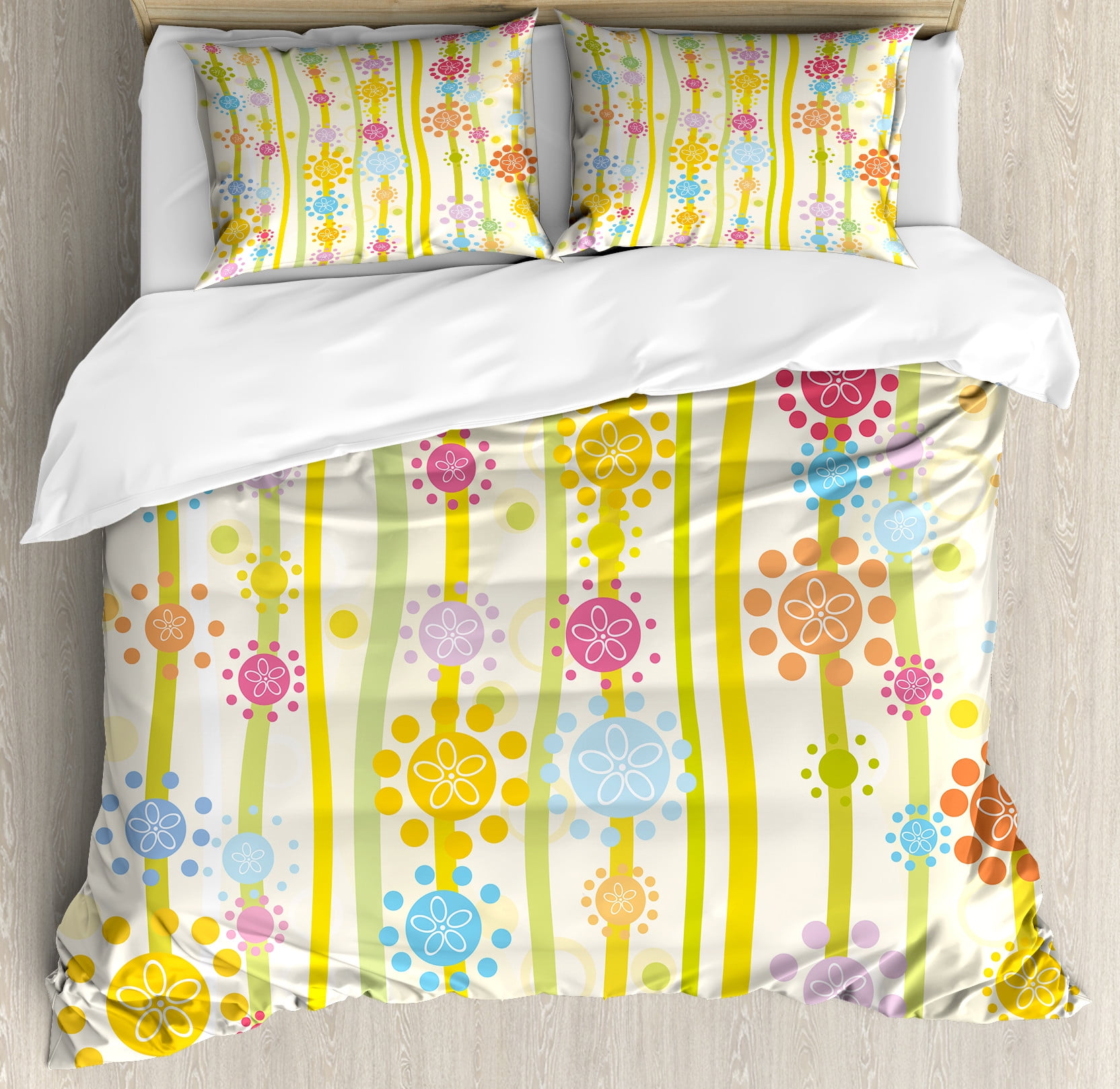 Floral Duvet Cover Set, Vertical Lines with Colorful Cartoon Style ...
