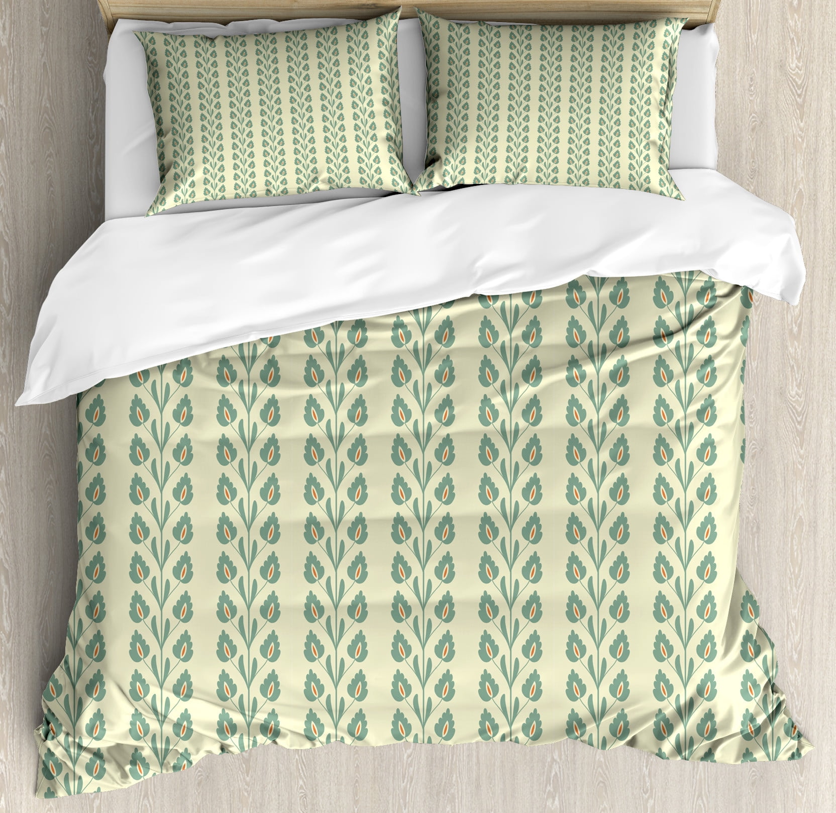 Floral Duvet Cover Set, Vertical Wavy Ornament Lines and Graphic Flowers on Branch Pattern ...