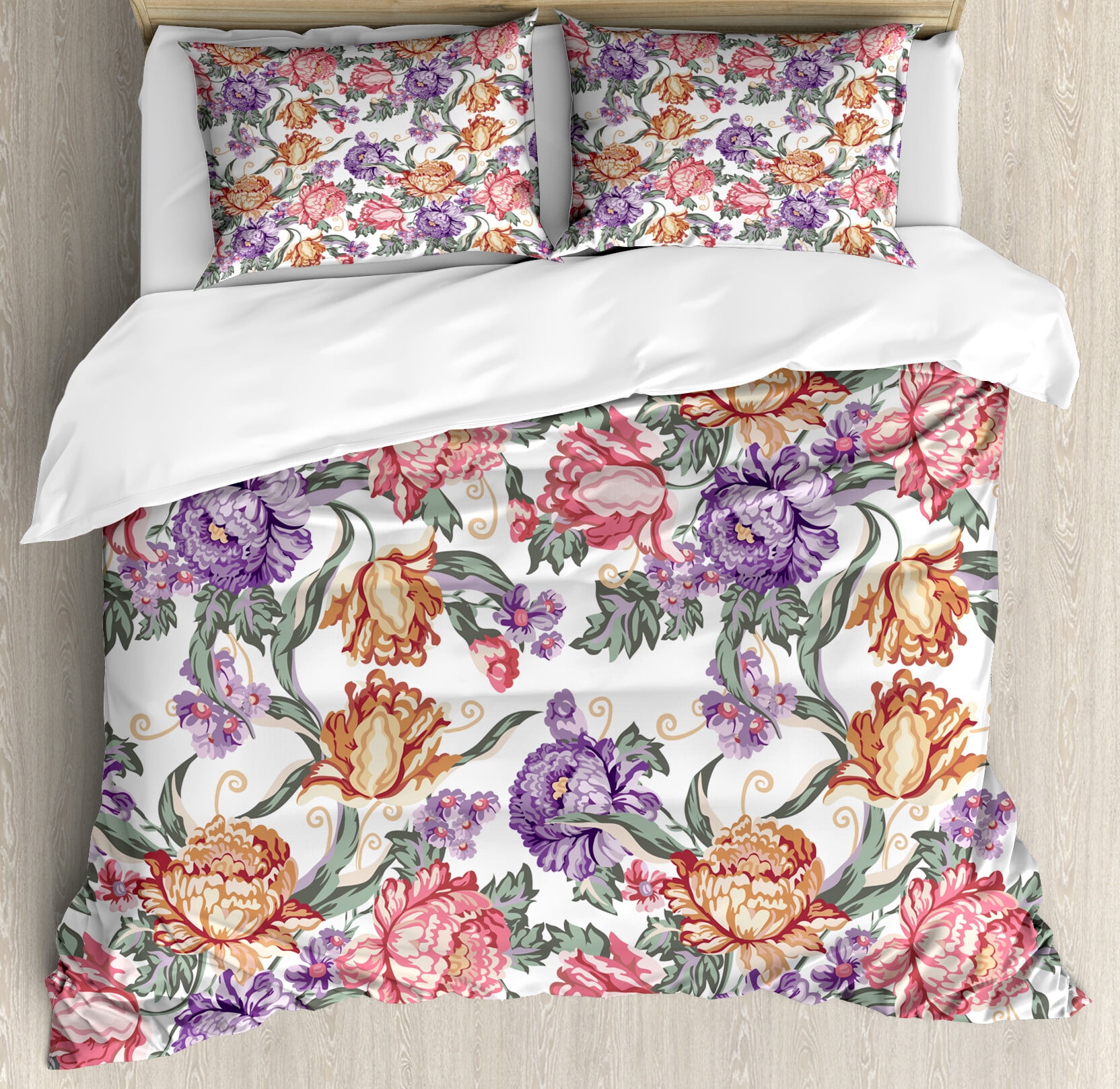 Floral Duvet Cover Set, Vintage Colorful Flowers and Curls on White ...