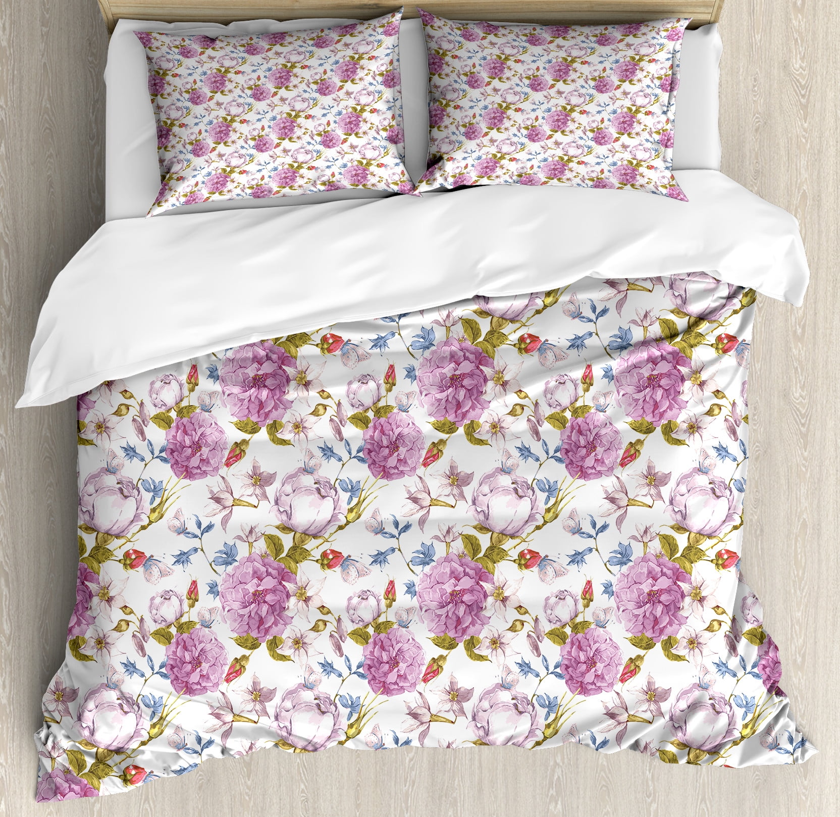 Floral Duvet Cover Set, Vintage Pastel Spring Scene with Hydrangea Blooms Garden Therapy Showy ...