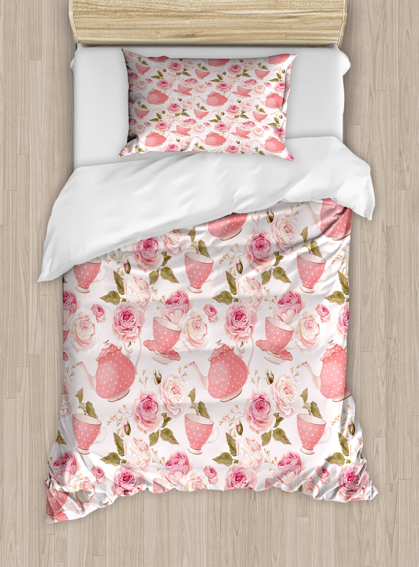 Floral Duvet Cover Set, Vintage Style Tea Cups with Roses Romantic ...