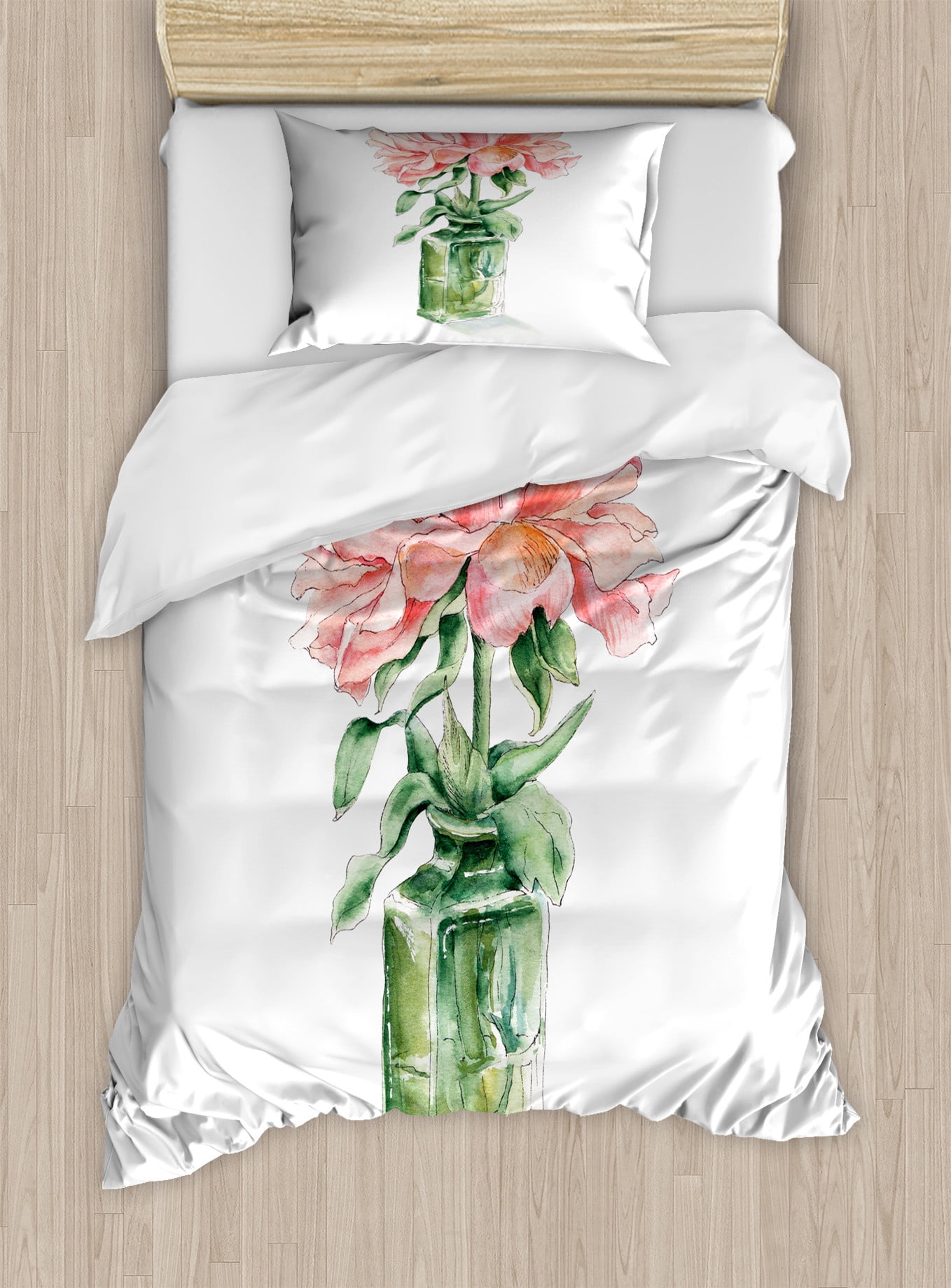 Floral Duvet Cover Set, Watercolor Paint Rose Flower in Vase Drawing ...