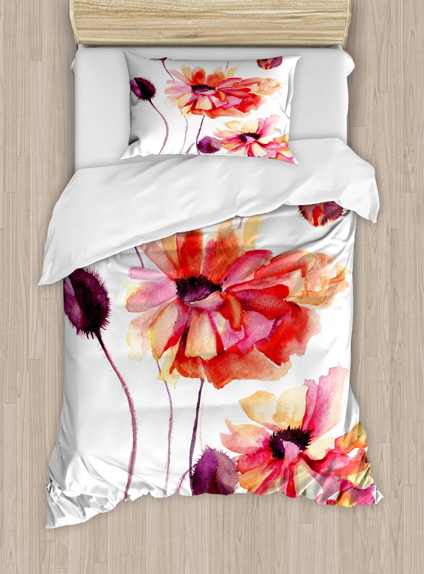 Floral Duvet Cover Set, Watercolor Painting Poppy Flowers and Buds ...