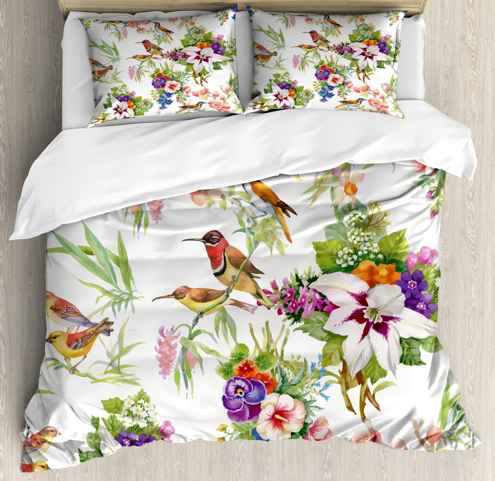 Floral Duvet Cover Set, Watercolor Wild Exotic Mockingbirds and Spring ...