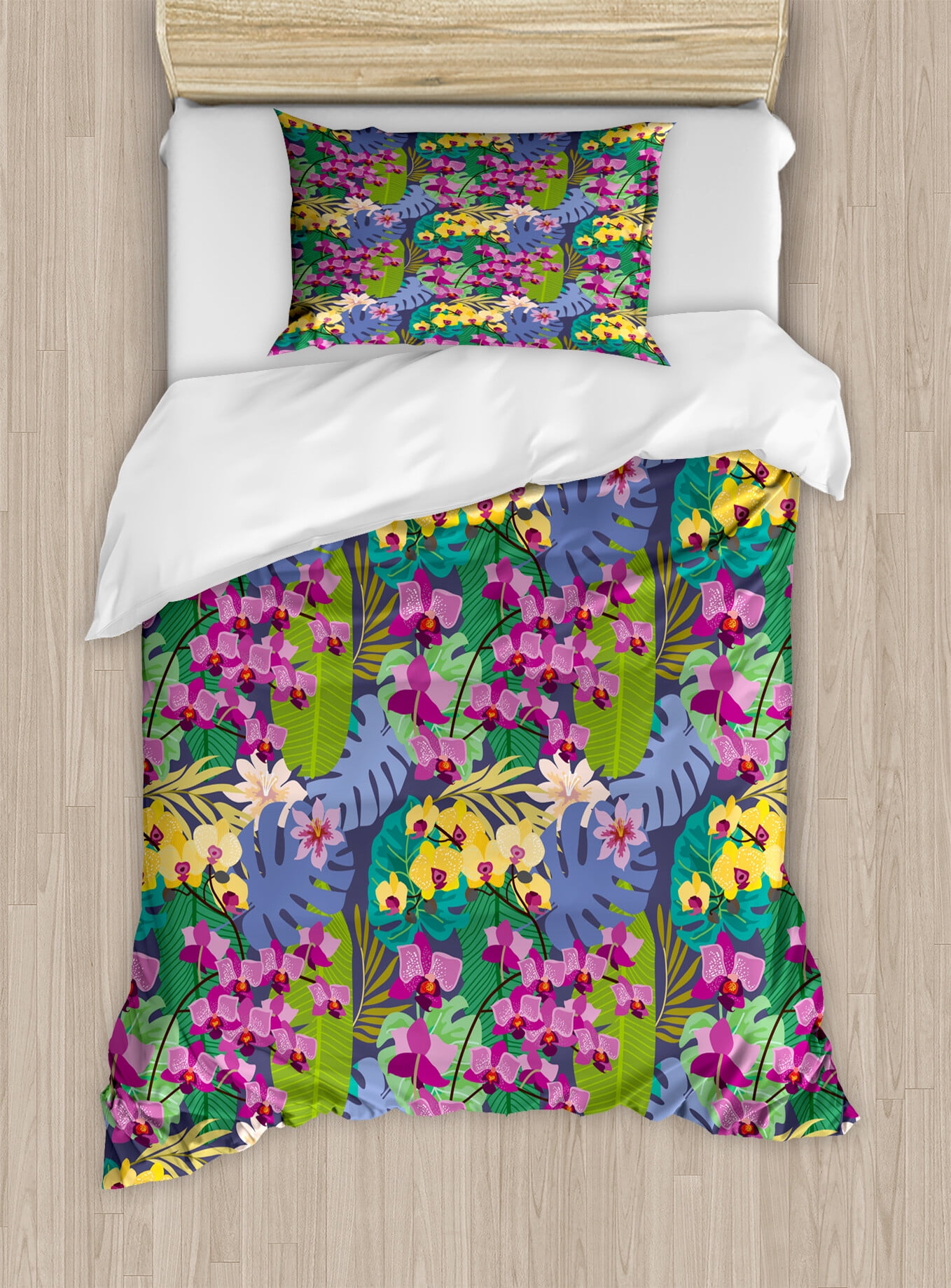 Floral Duvet Cover Sets, Botanic Orchid Blooms Flourish Hibiscus Banana ...
