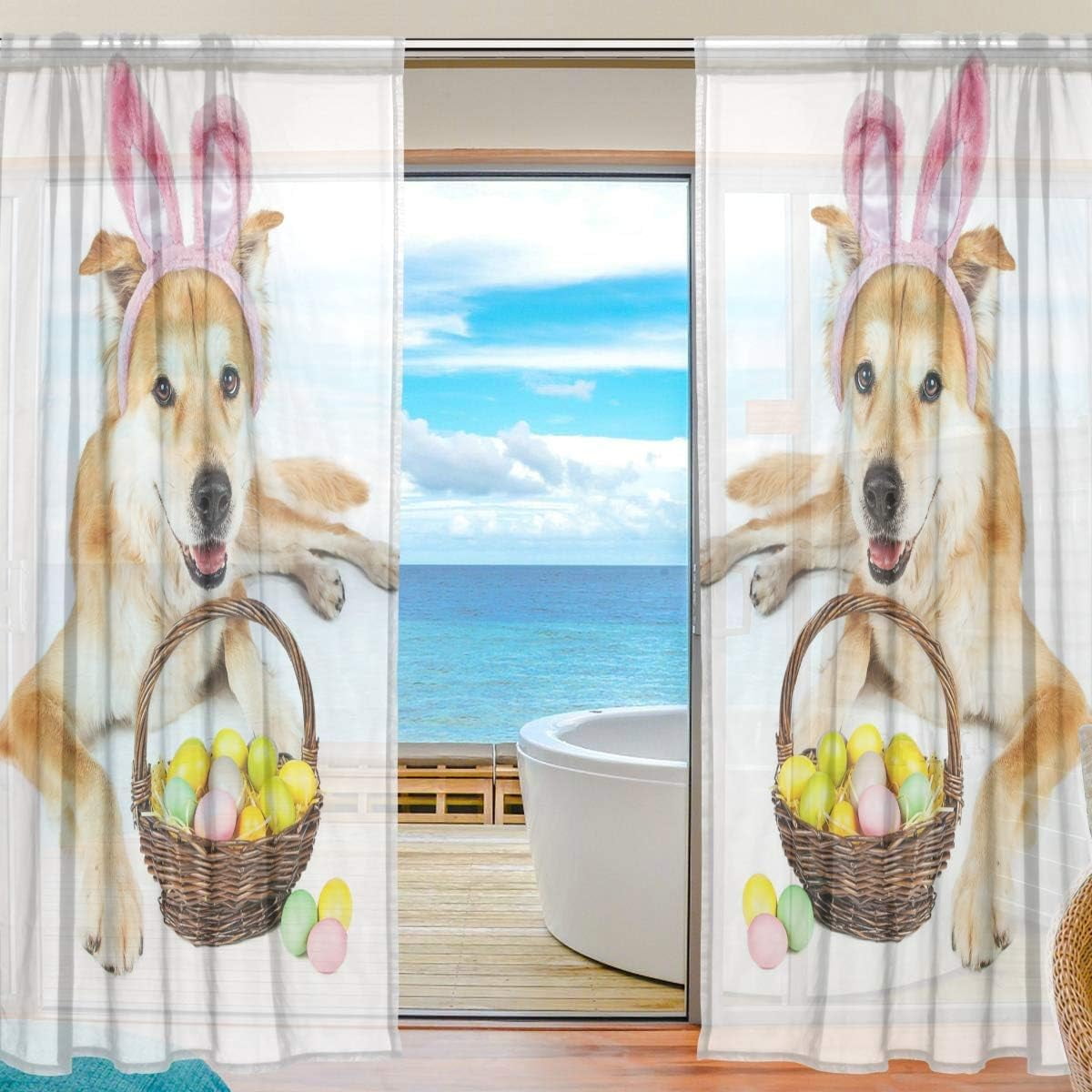 Floral Easter Golden Retriever Semi Sheer Curtains Window Voile Drapes ...