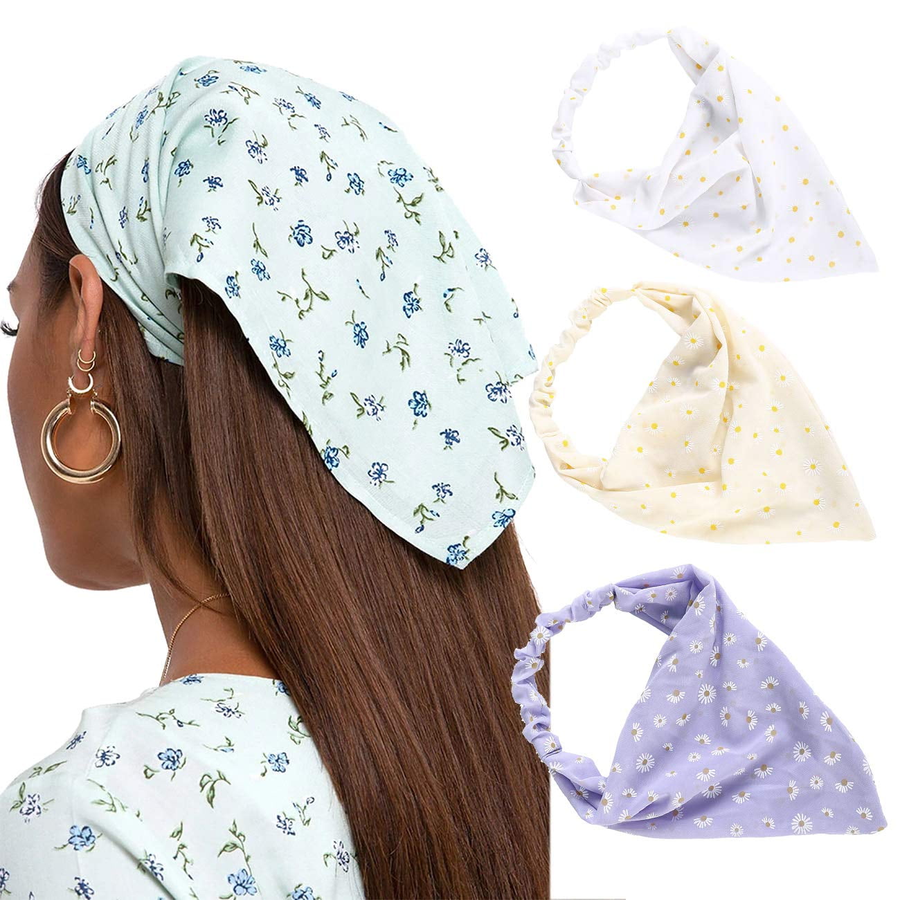 Floral Elastic Hair Scarf Headband - 3 PCS Double-Layer Print Floral ...