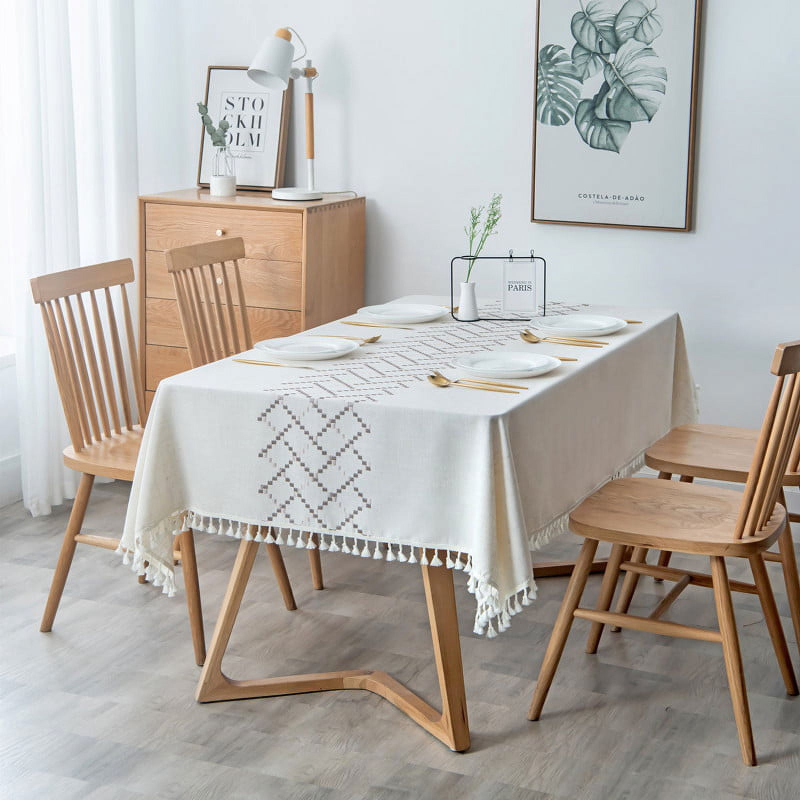 Floral Embroidered Checkered Tablecloth with Fringe - Rectangle Lace ...