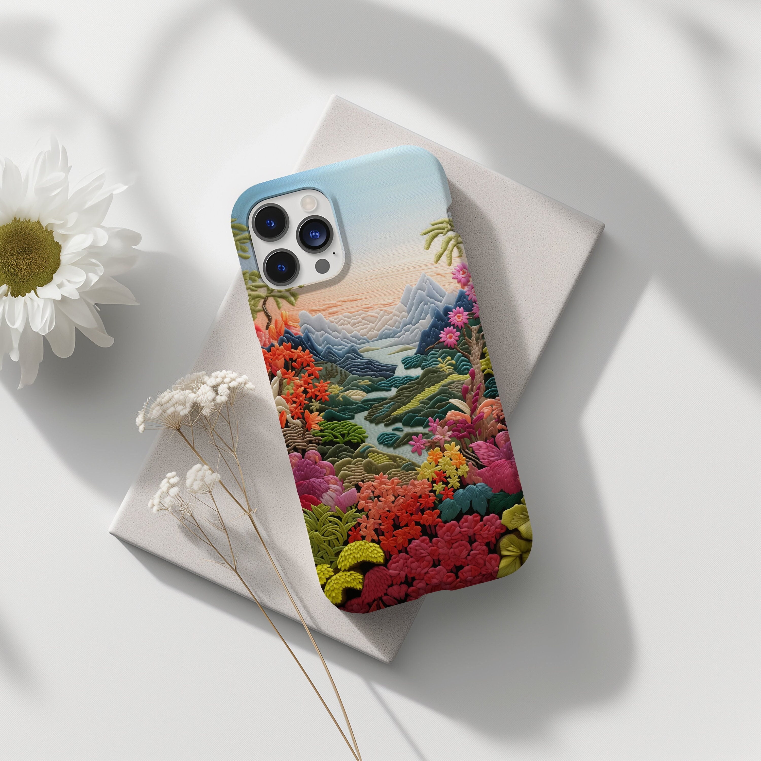 Floral Embroidered Look Case Romantic Nature with iPhone 17 to 11 Pro ...