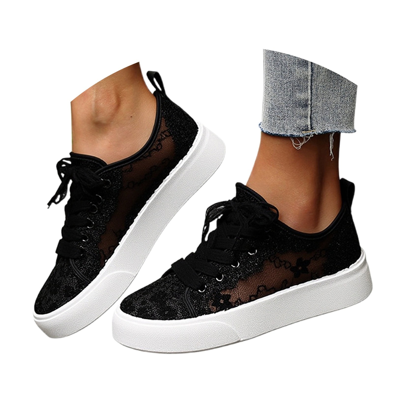 Floral Embroidered Openwork Mesh Platform Sneakers for Women Everyday ...
