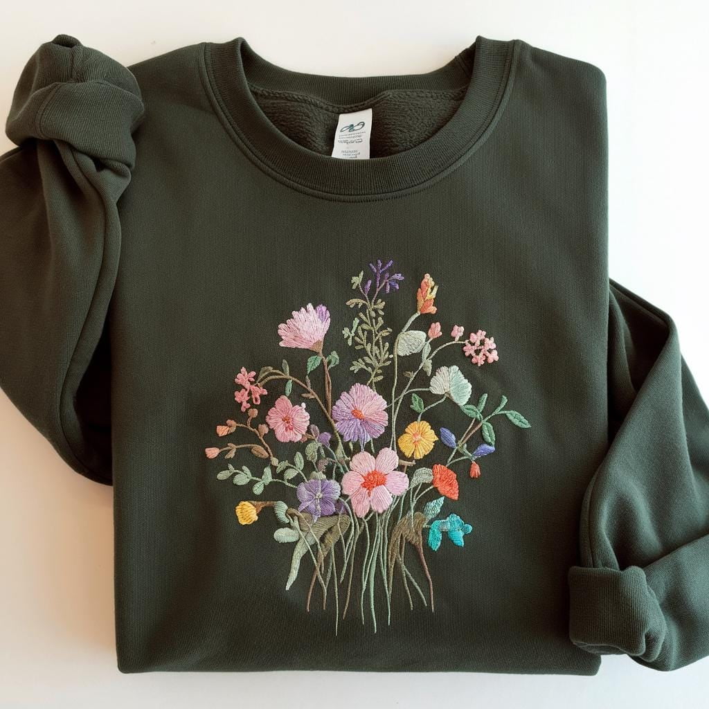 Floral Embroidered Sweatshirt: Wildflower Bouquet, Cottagecore Style ...